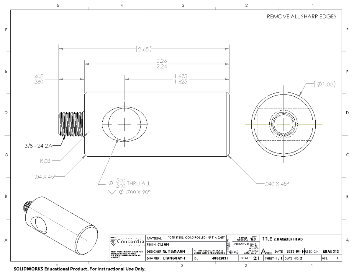 Assignment 7 - Solidworks Hammerhead - MIAE 312 - Concordia - Studocu