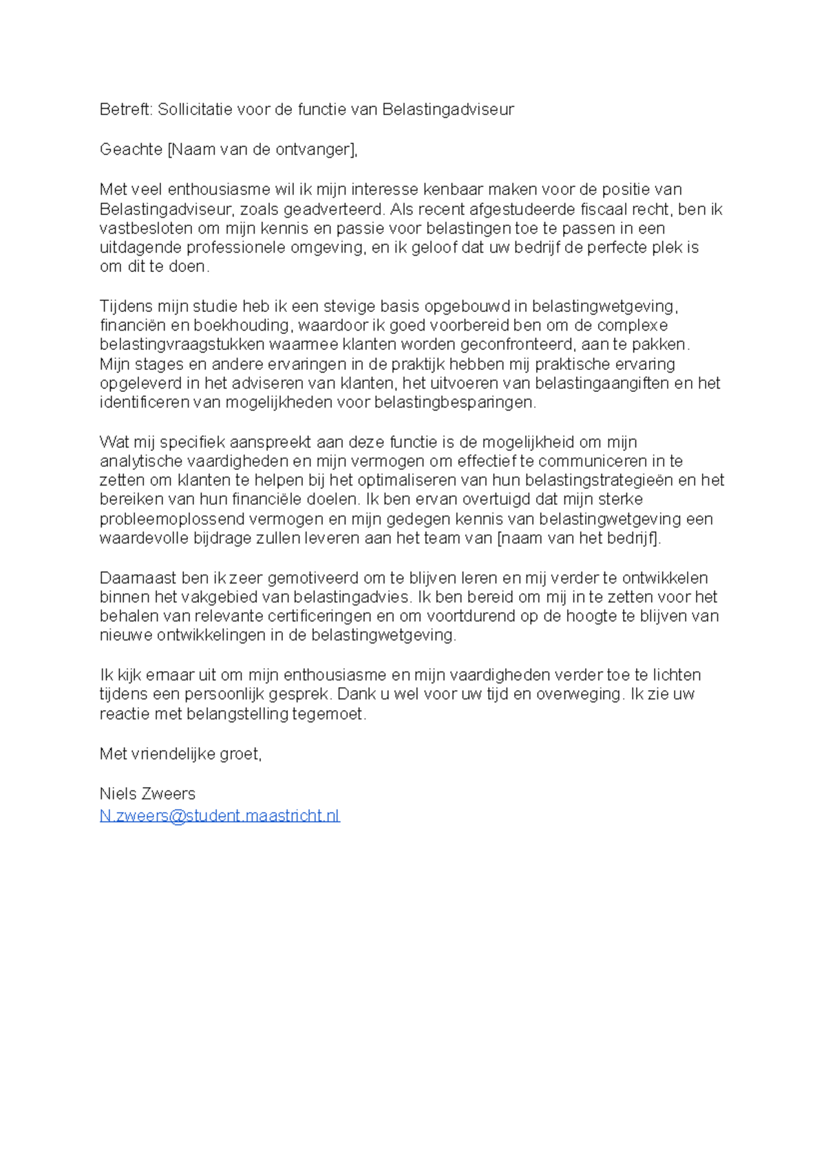 Solliciteren - Betreft: Sollicitatie voor de functie van ...