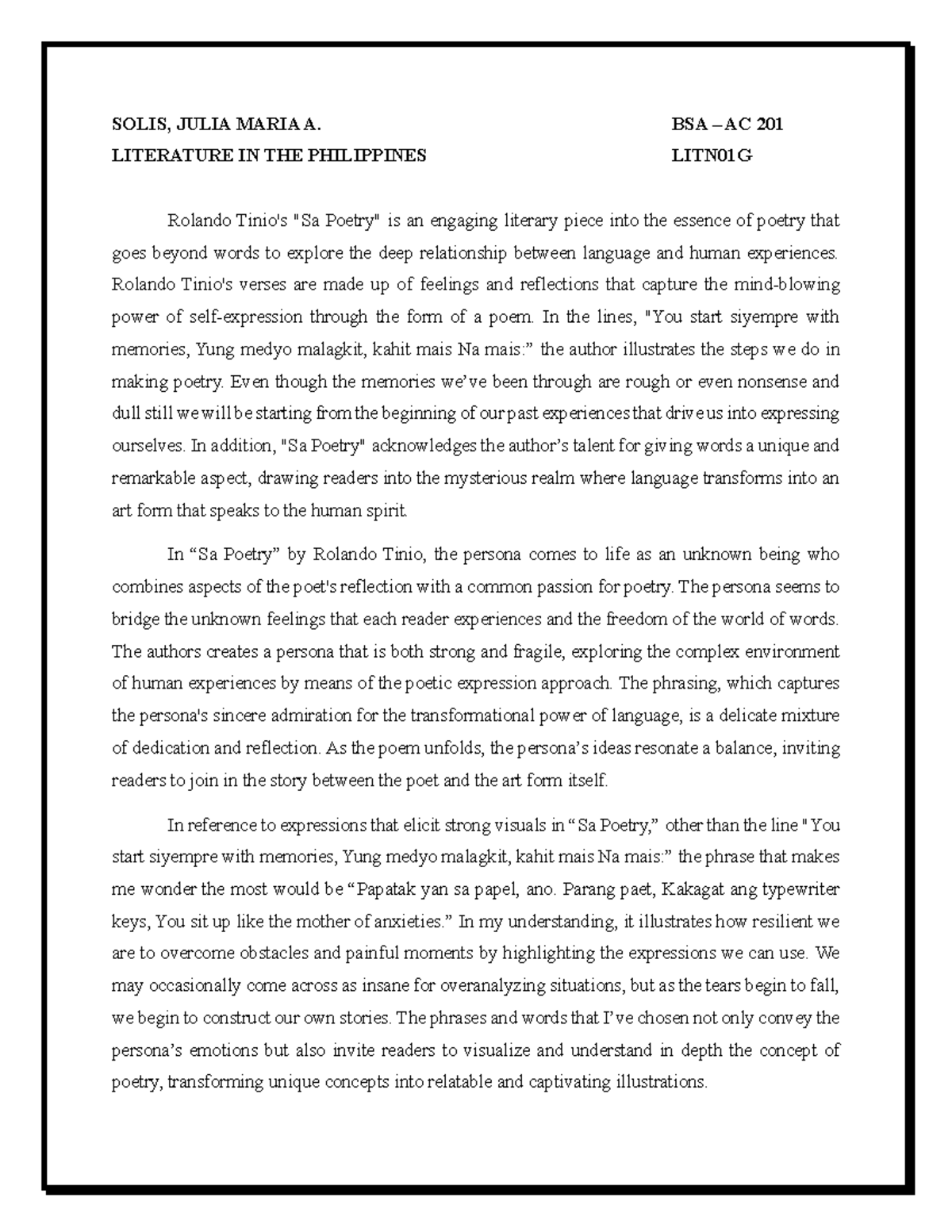 SA Poetry - SOLIS, JULIA MARIA A. BSA – AC 201 LITERATURE IN THE ...