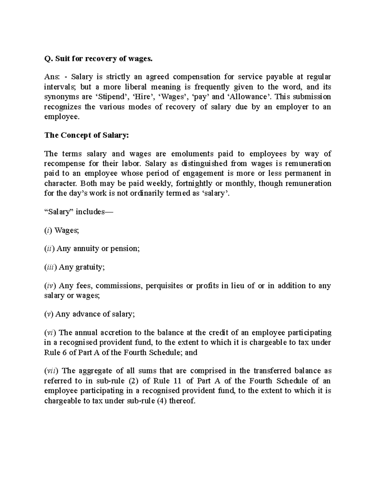 Suit for recovery of wages - Q. Suit for recovery of wages. Ans ...