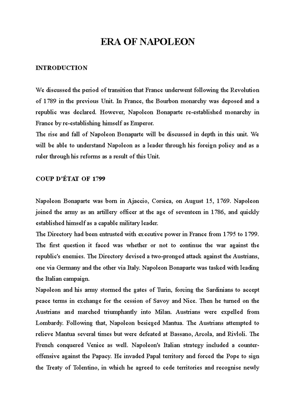 ERA OF Napoleon - Lecture notes 8 - ERA OF NAPOLEON INTRODUCTION We ...