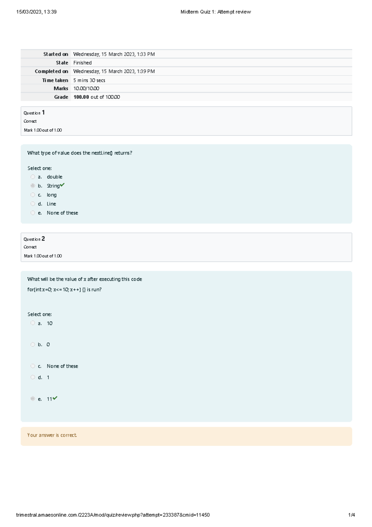 Midterm Quiz 1 Attempt review - Started on Wednesday, 15 March 2023, 1:33 PM State Finished ...