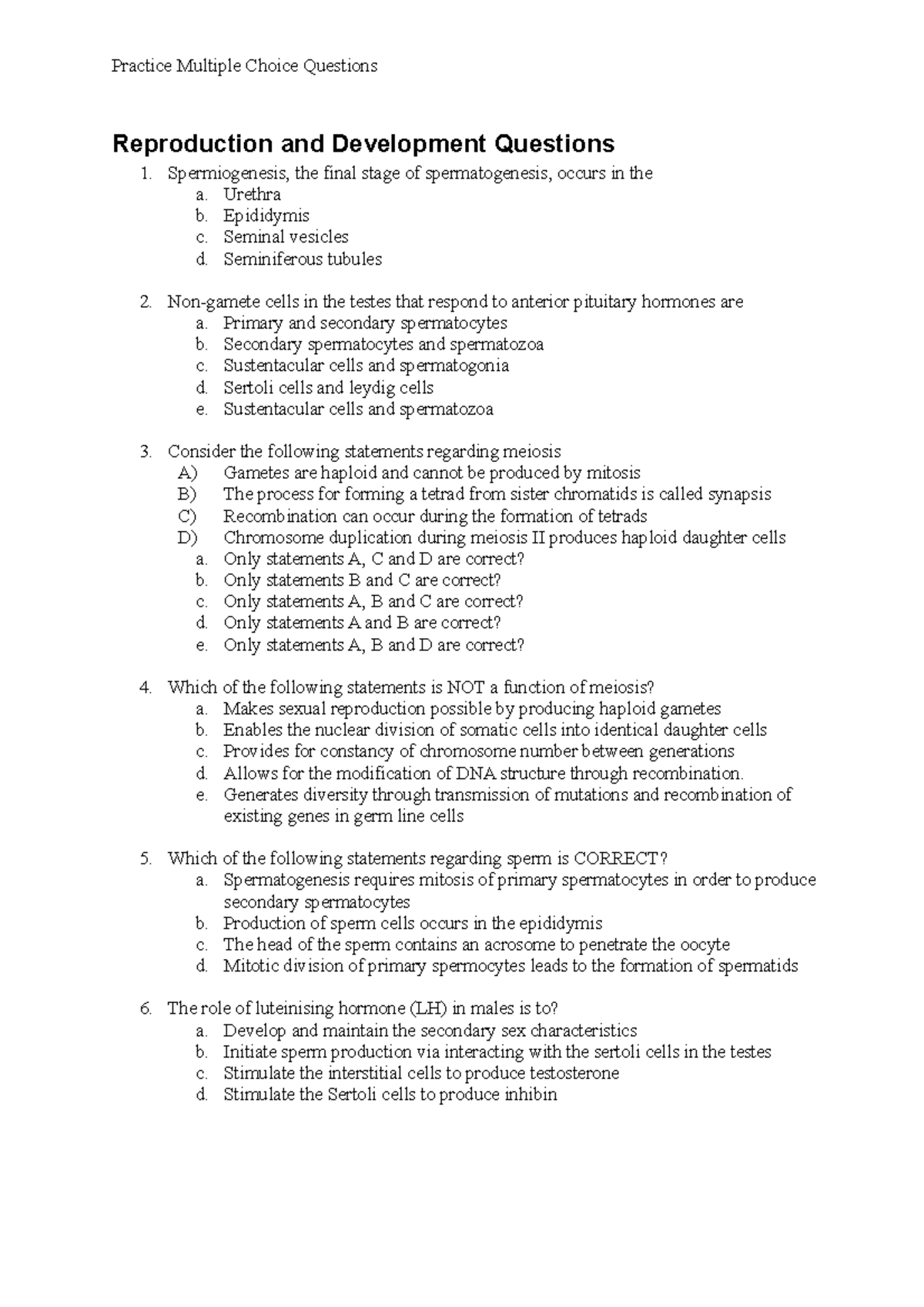Reproduction Practice MCQs - Reproduction and Development Questions ...