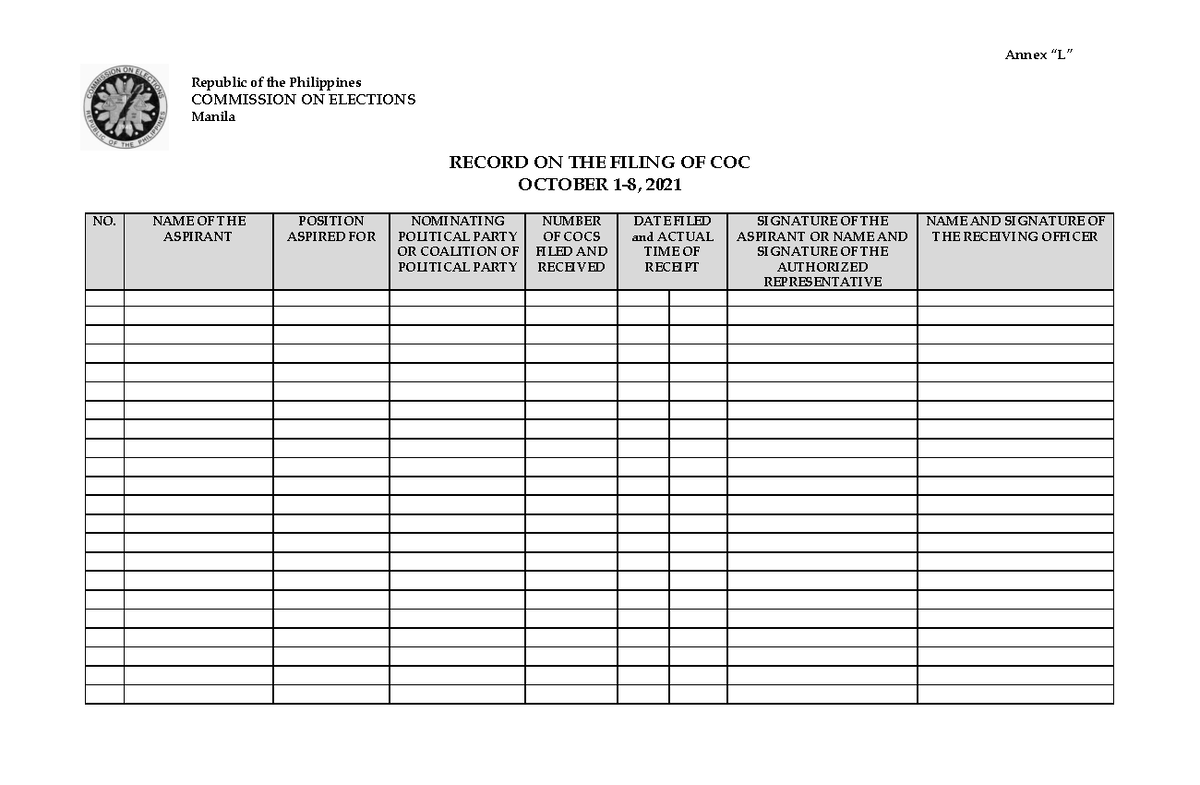 Com res 10717 Annex L - hihi - Annex “L” RECORD ON THE FILING OF COC ...