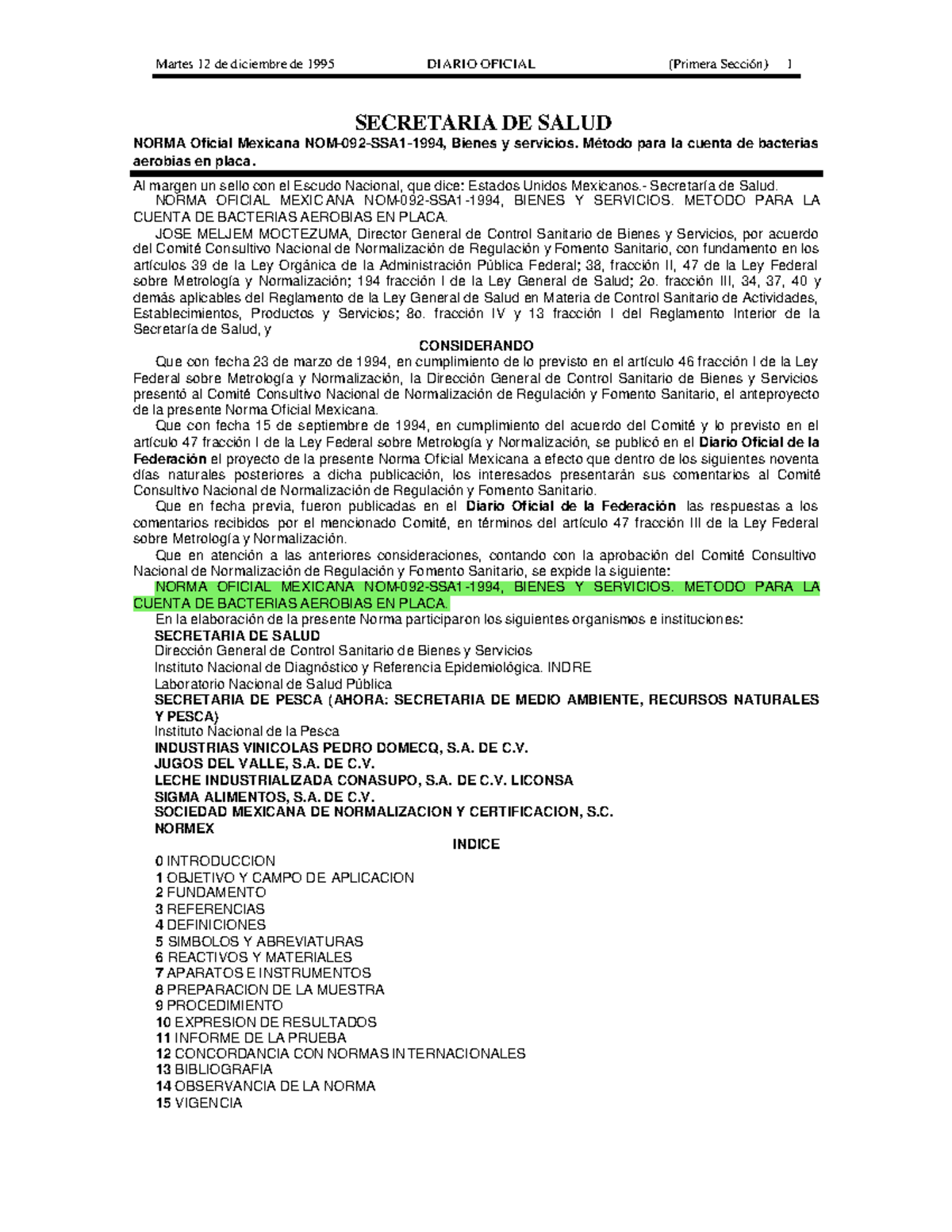 NOM 092 SSA1 1994 - Normativa - SECRETARIA DE SALUD NORMA Oficial Mexicana NOM-092-SSA1-1994 ...