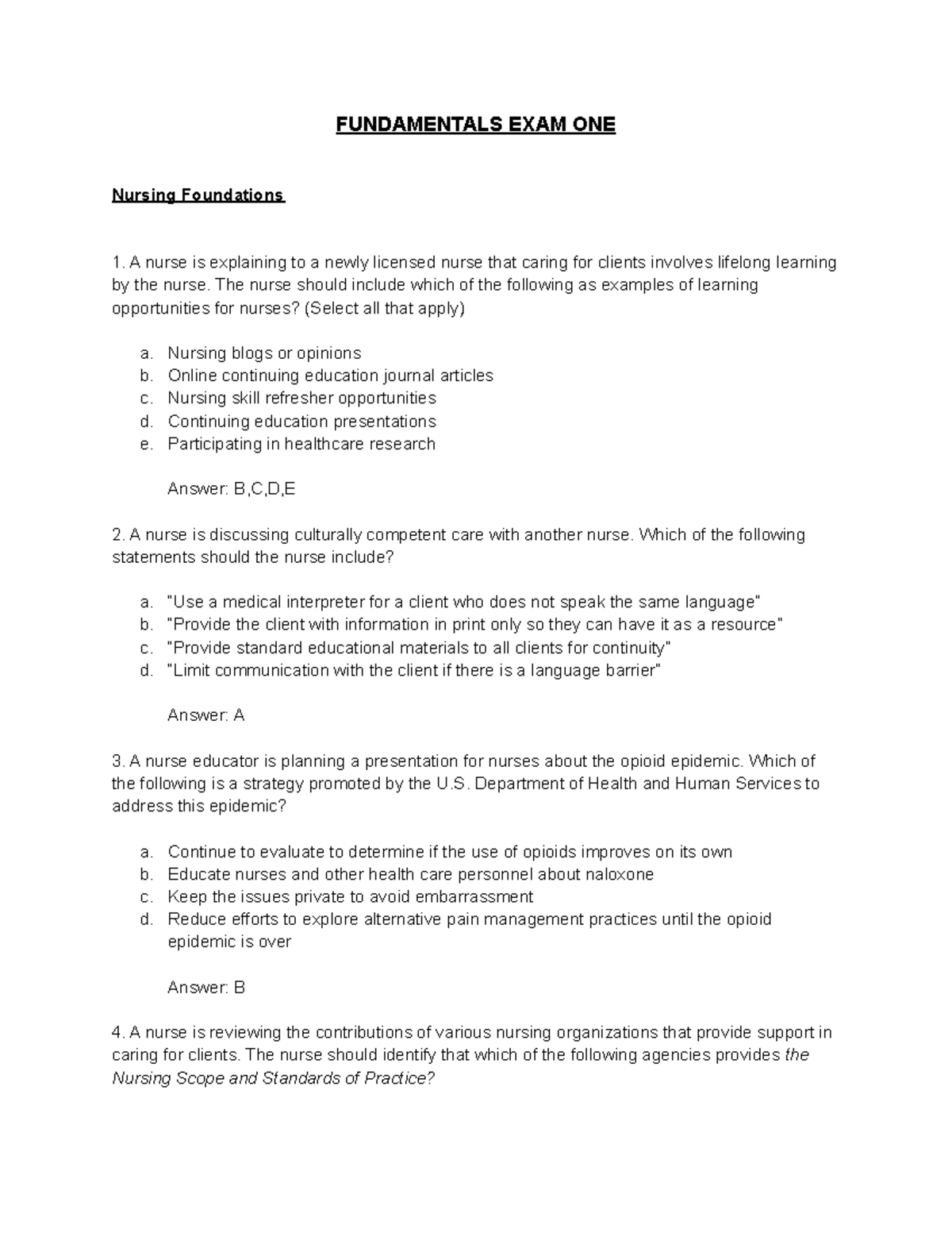 Fundamentals Exam 1 1 - FUNDAMENTALS EXAM ONE Nursing Foundations A ...