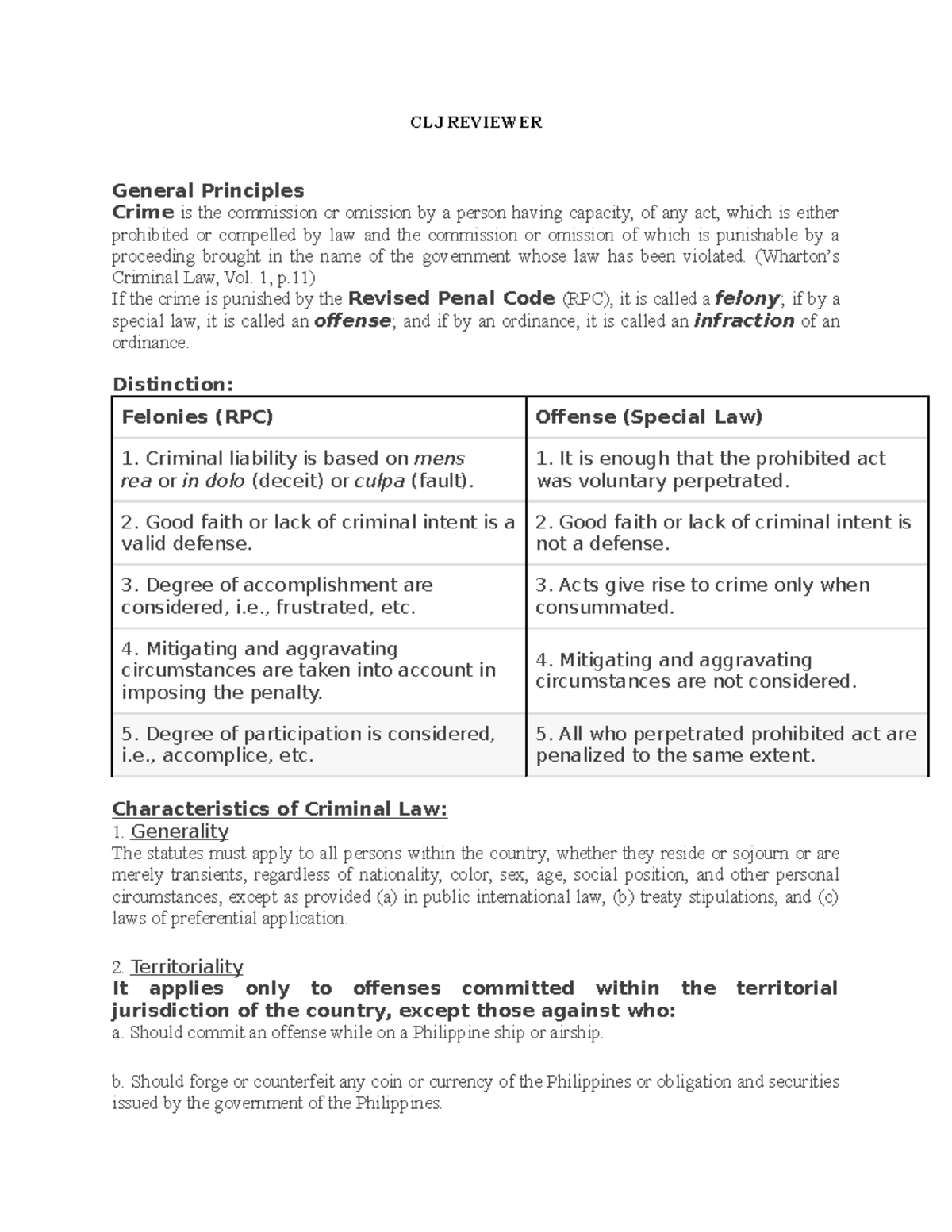 CLJ Reviewer - summary - CLJ REVIEWER General Principles Crime is the ...