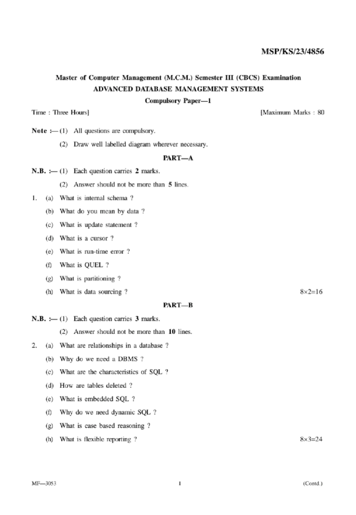 Adbms - Paper - Master of Computer Management (M.C.) Semester (CBCS) Examination ADVANCED ...