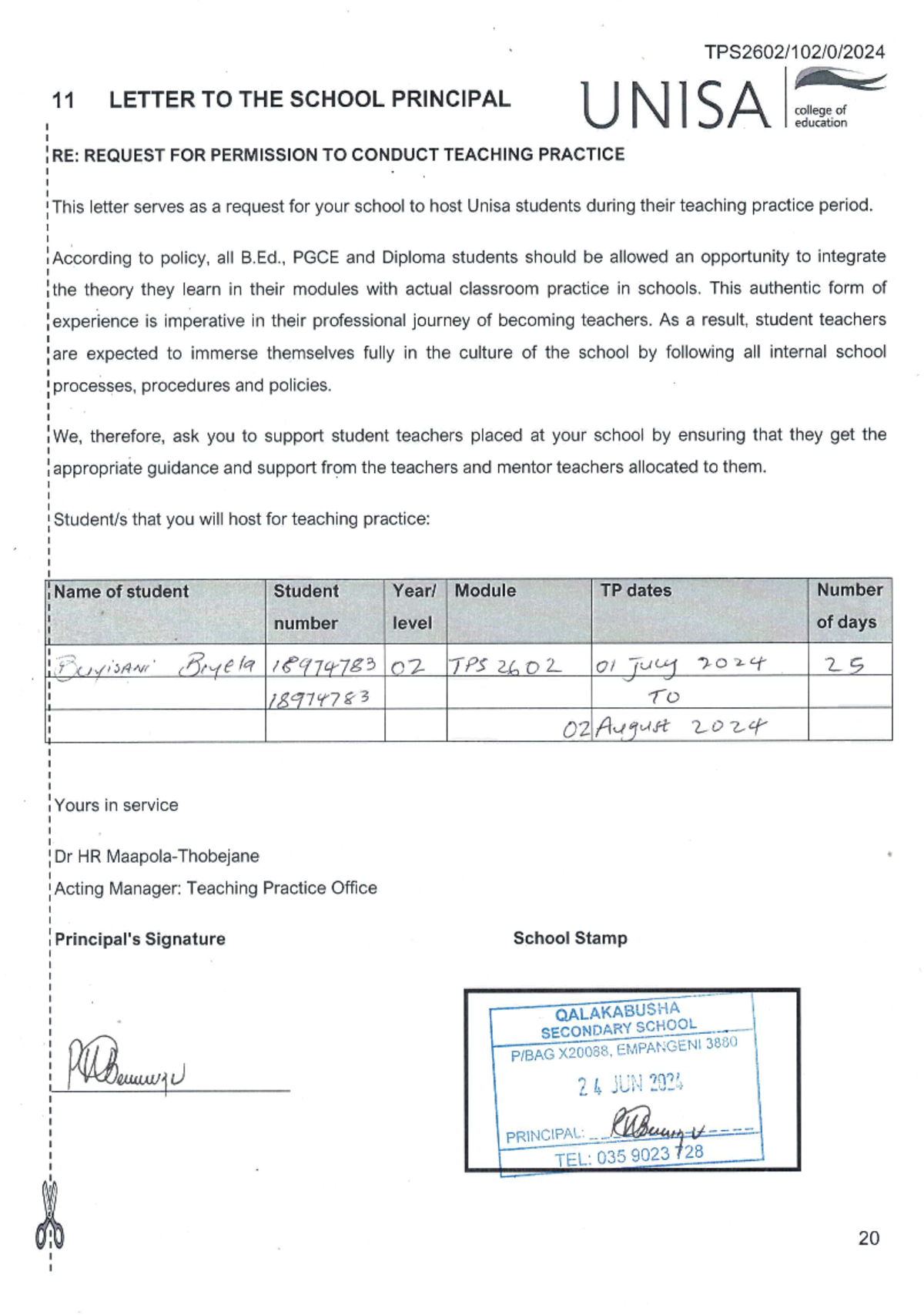 Letter to principal - helps - 11 LETTER TO THE SCHOOL PRINCIPAL UNISA ...