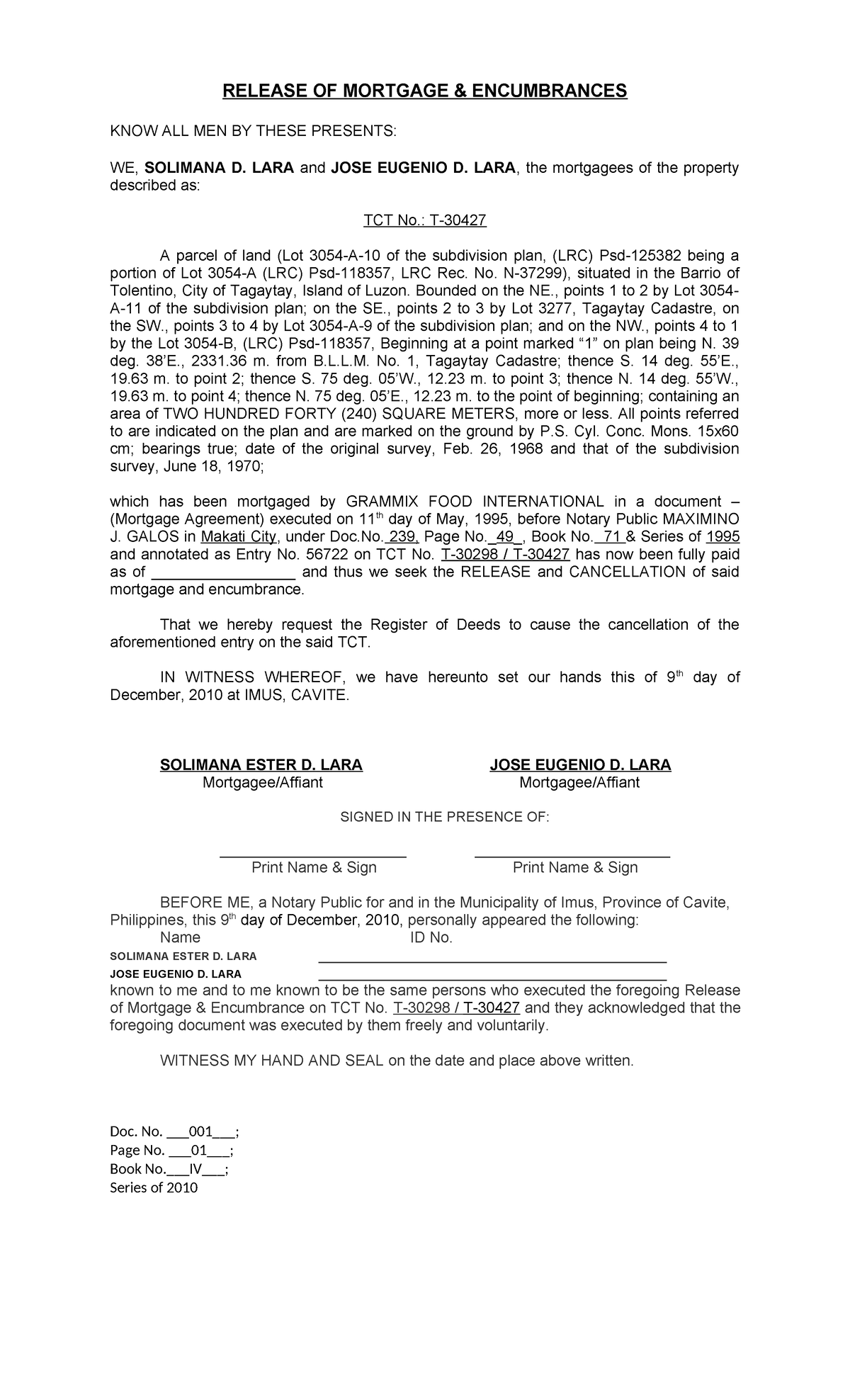 Release OF Mortgage & Encumbrance - RELEASE OF MORTGAGE & ENCUMBRANCES KNOW ALL MEN BY THESE ...