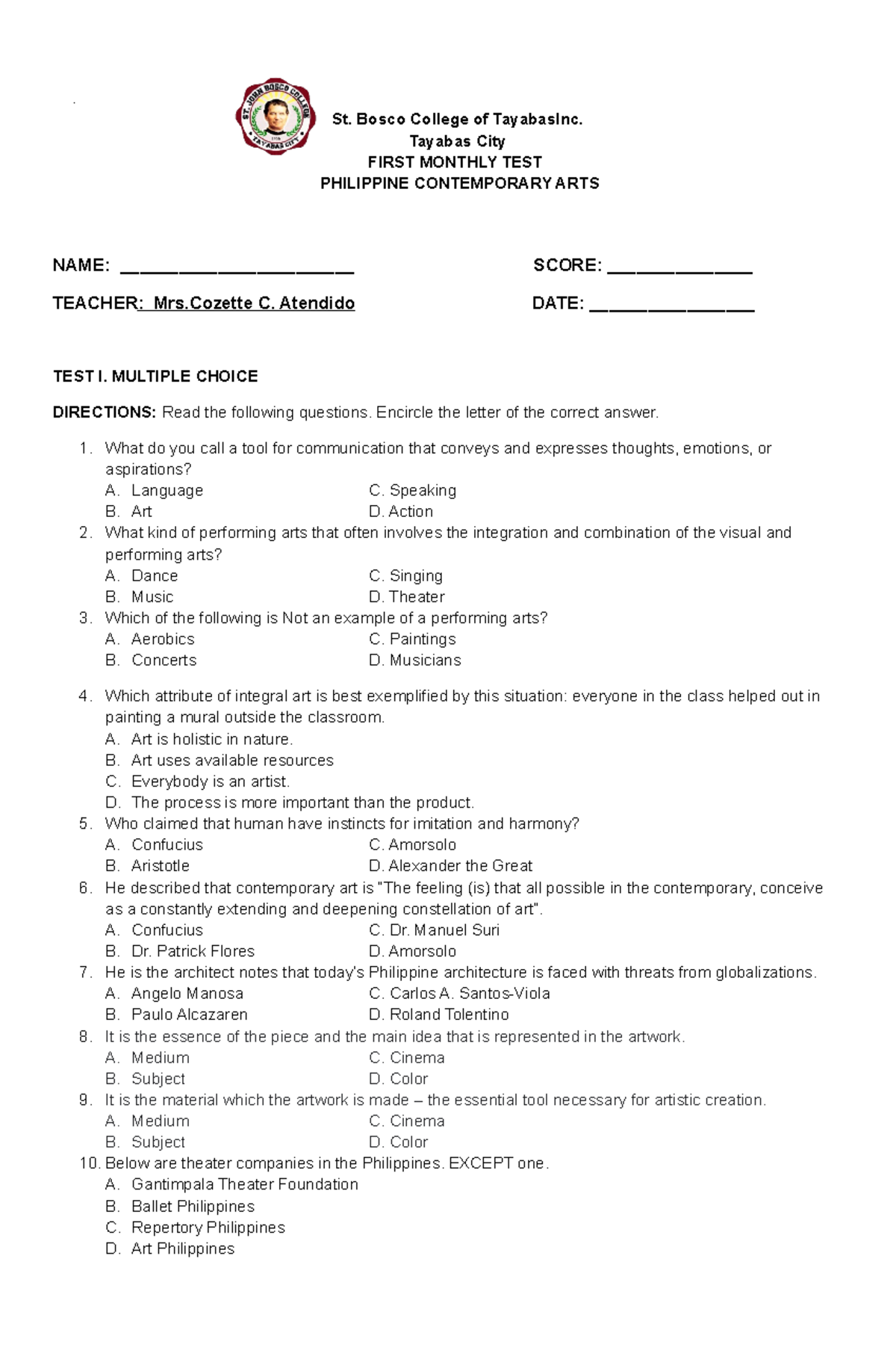 1st monthly test Contemp arts - . St. Bosco College of TayabasInc ...