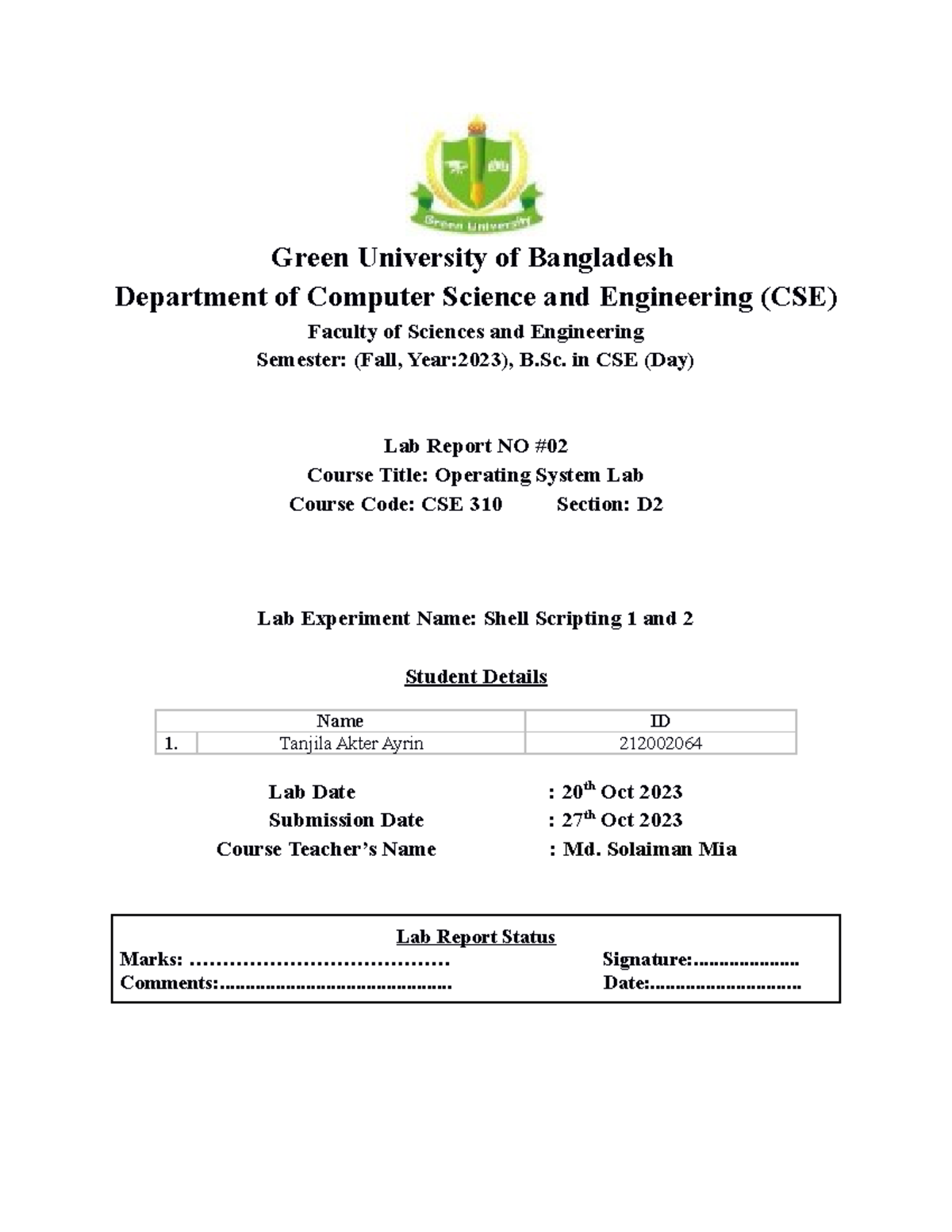 212002 064 - OS LAB Report - Green University of Bangladesh Department ...