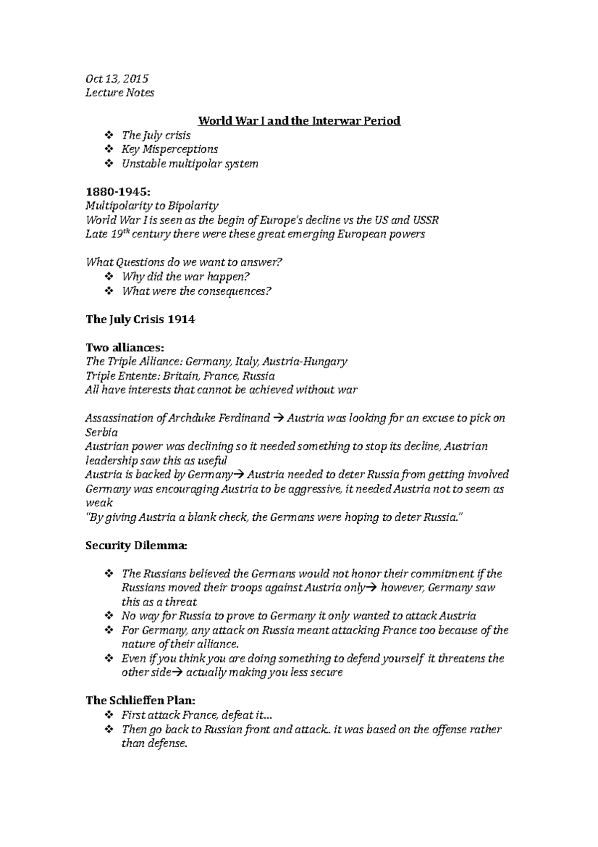 POLS 0400 Class Notes - Oct 13, 2015 Lecture Notes World War I and the ...