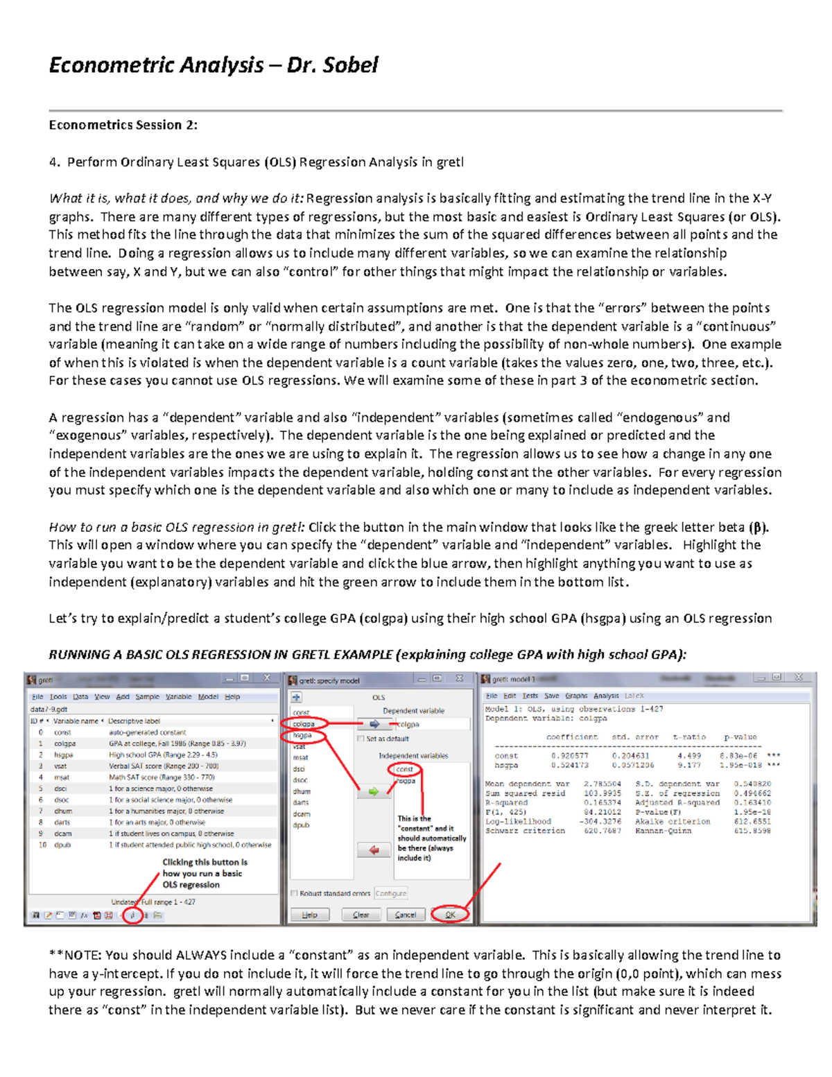 Econometrics Outline with Screen Captures - Session 2 Excerpt ...
