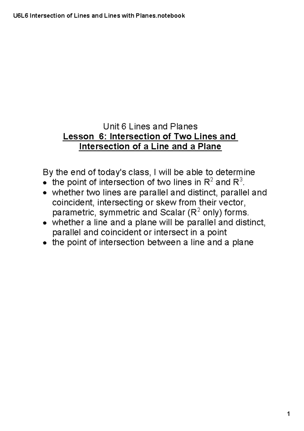 U6L6 Intersection of Lines in R2 and R3 Sec B - Unit 6 Lines and Planes Lesson 6: Intersection ...