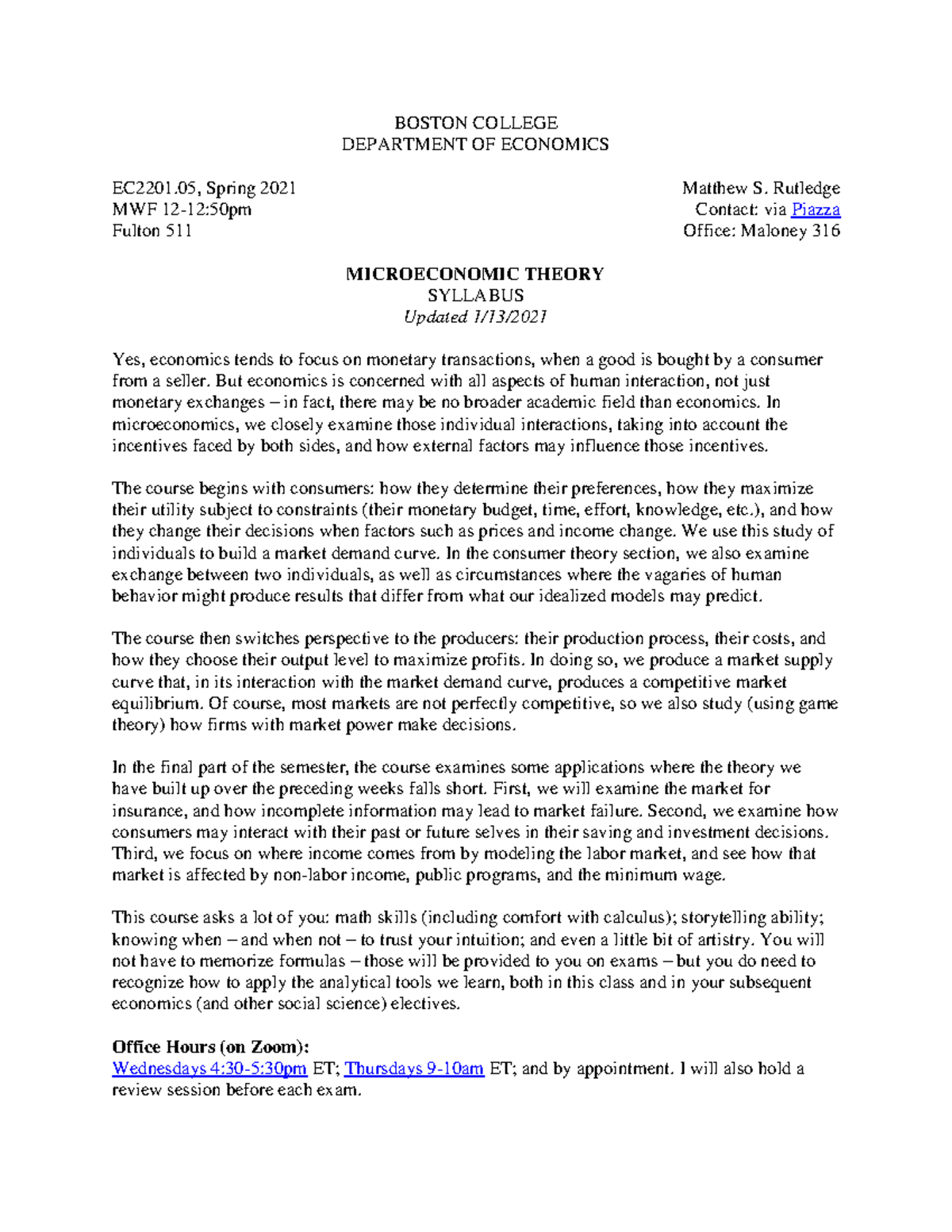 Micro syllabus - BOSTON COLLEGE DEPARTMENT OF ECONOMICS EC2201, Spring ...