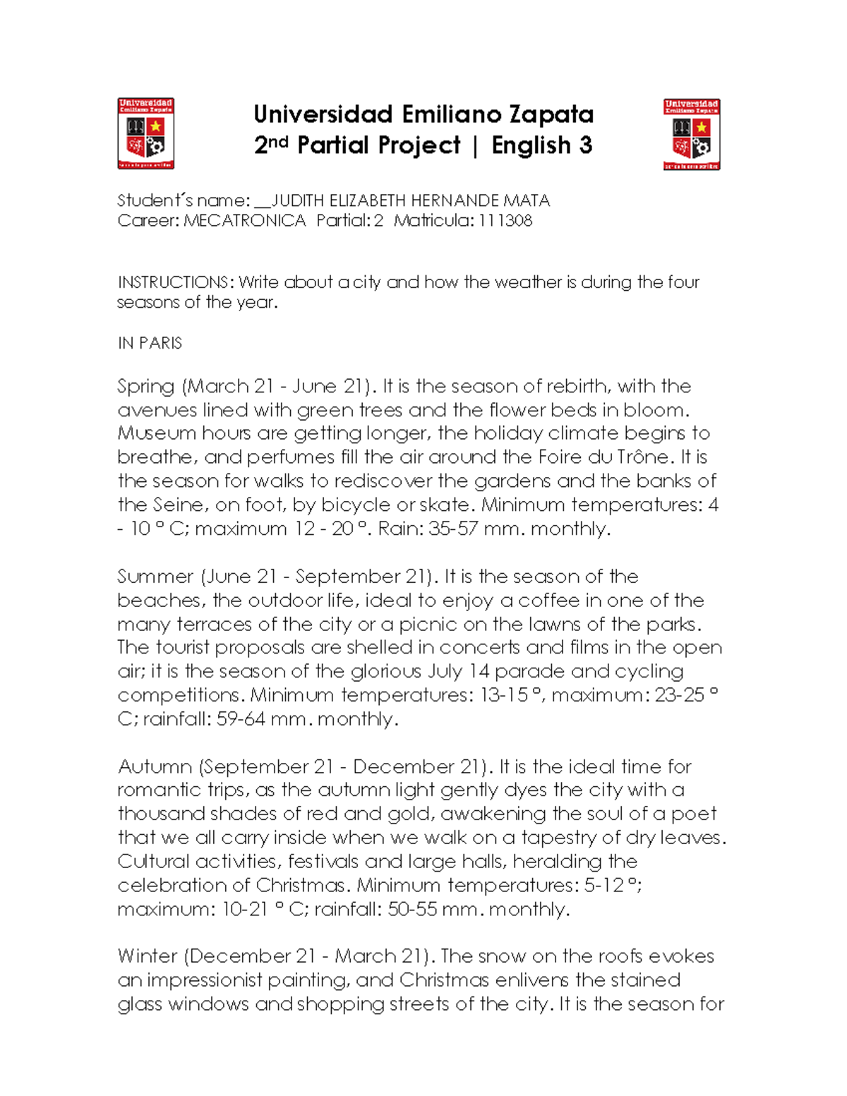 2nd Partial Project - tarea - Universidad Emiliano Zapata 2 nd Partial Project | English 3 ...