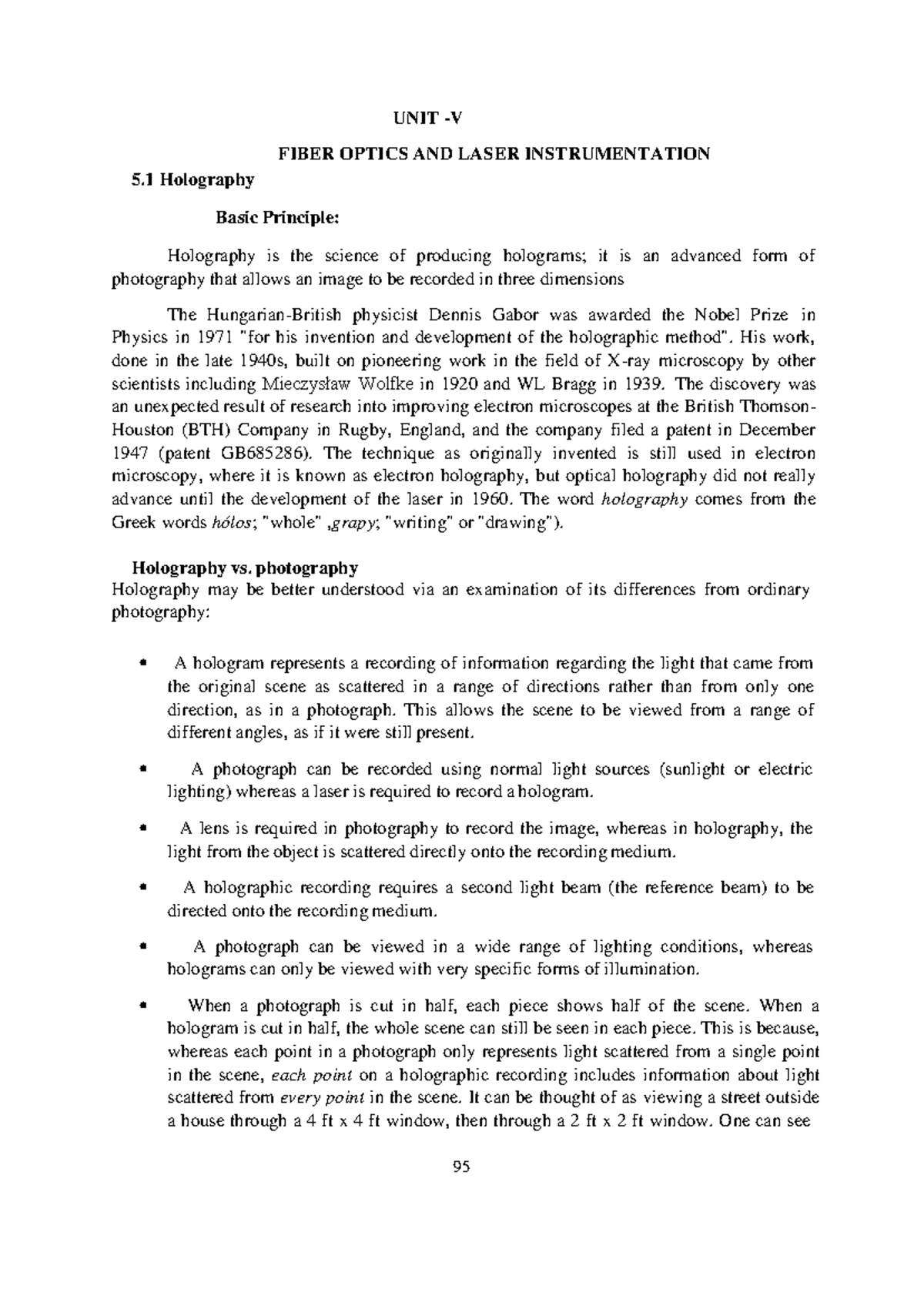 Holography - UNIT -V FIBER OPTICS AND LASER INSTRUMENTATION 5 ...