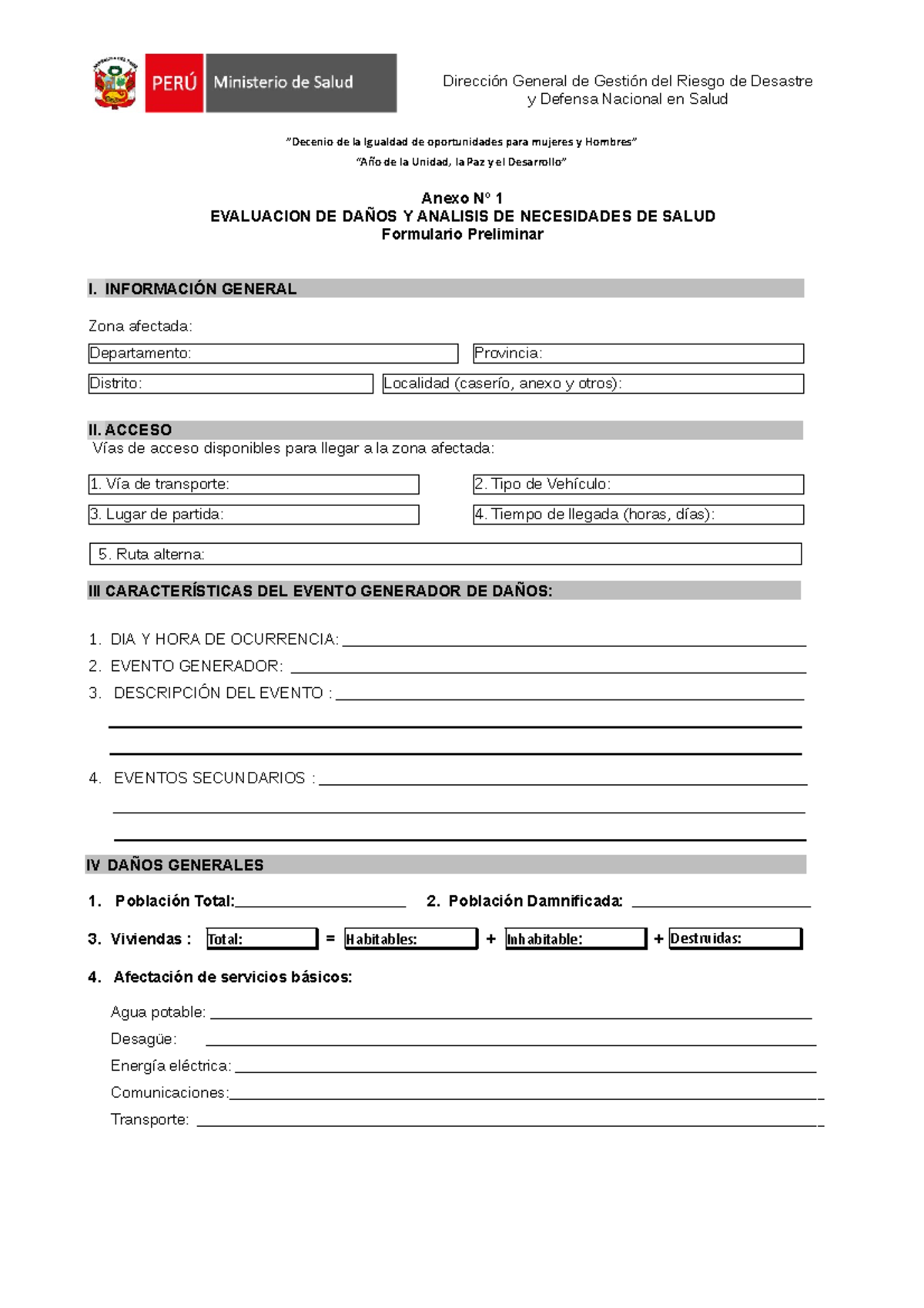 Formulario EDAN 2023 - Total: Habitables: Inhabitable: I. INFORMACIÓN GENERAL II. ACCESO ...
