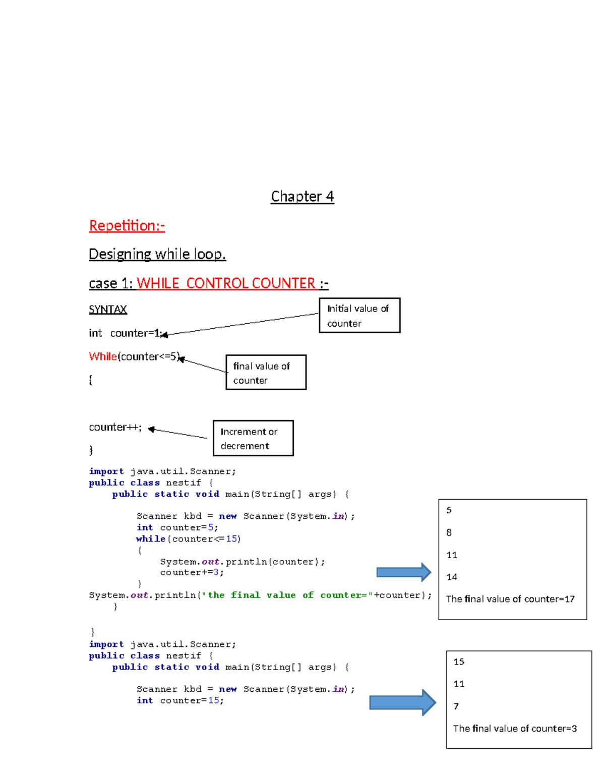 Chapter 4java - note ch 4 - Chapter 4 Repetition:- Designing while loop ...