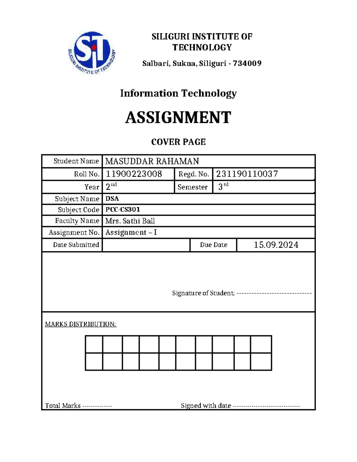 FLAT Assignment Cover Page DSA IT - Information Technology ASSIGNMENT COVER PAGE Student Name ...