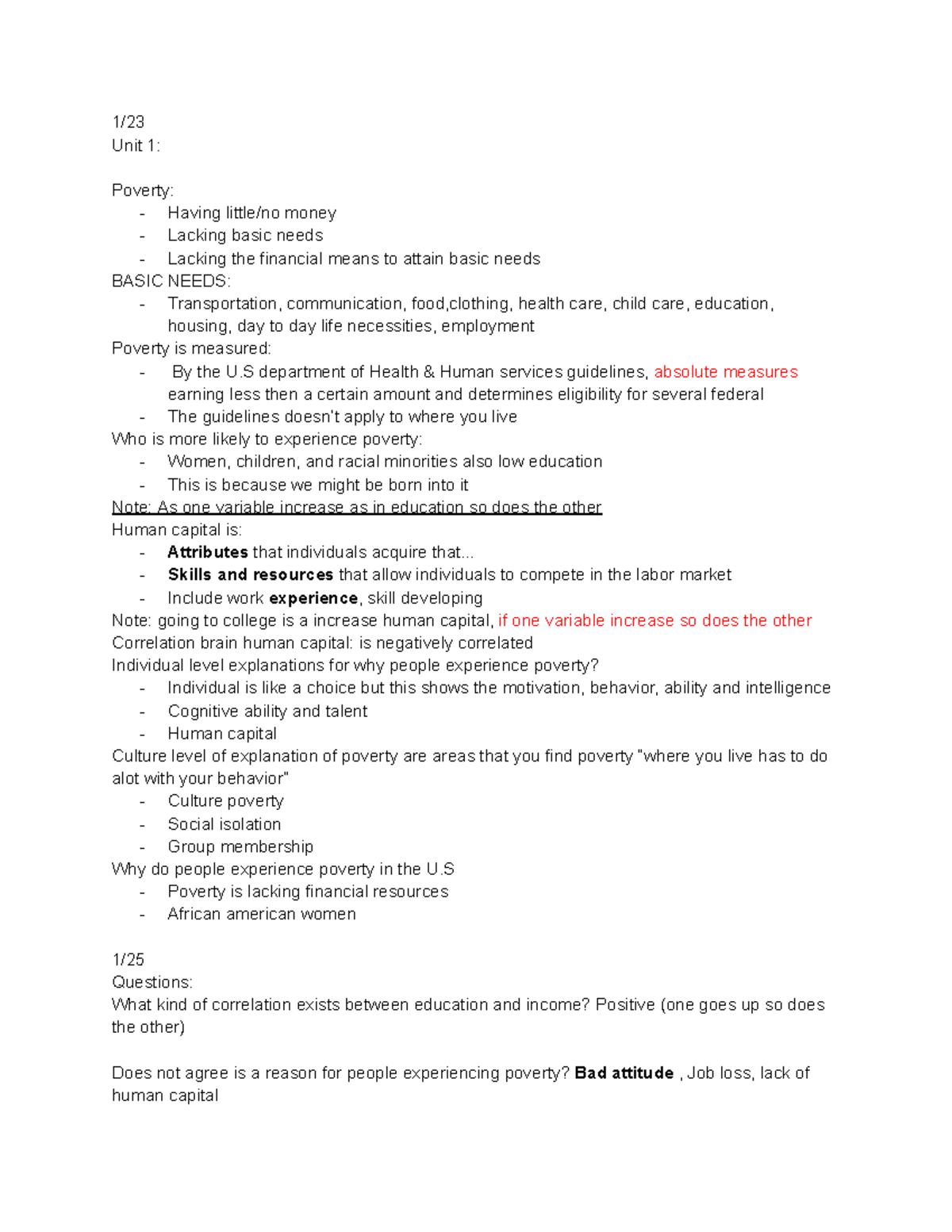 HSSJ class notes - 1/ Unit 1: Poverty: - Having little/no money ...