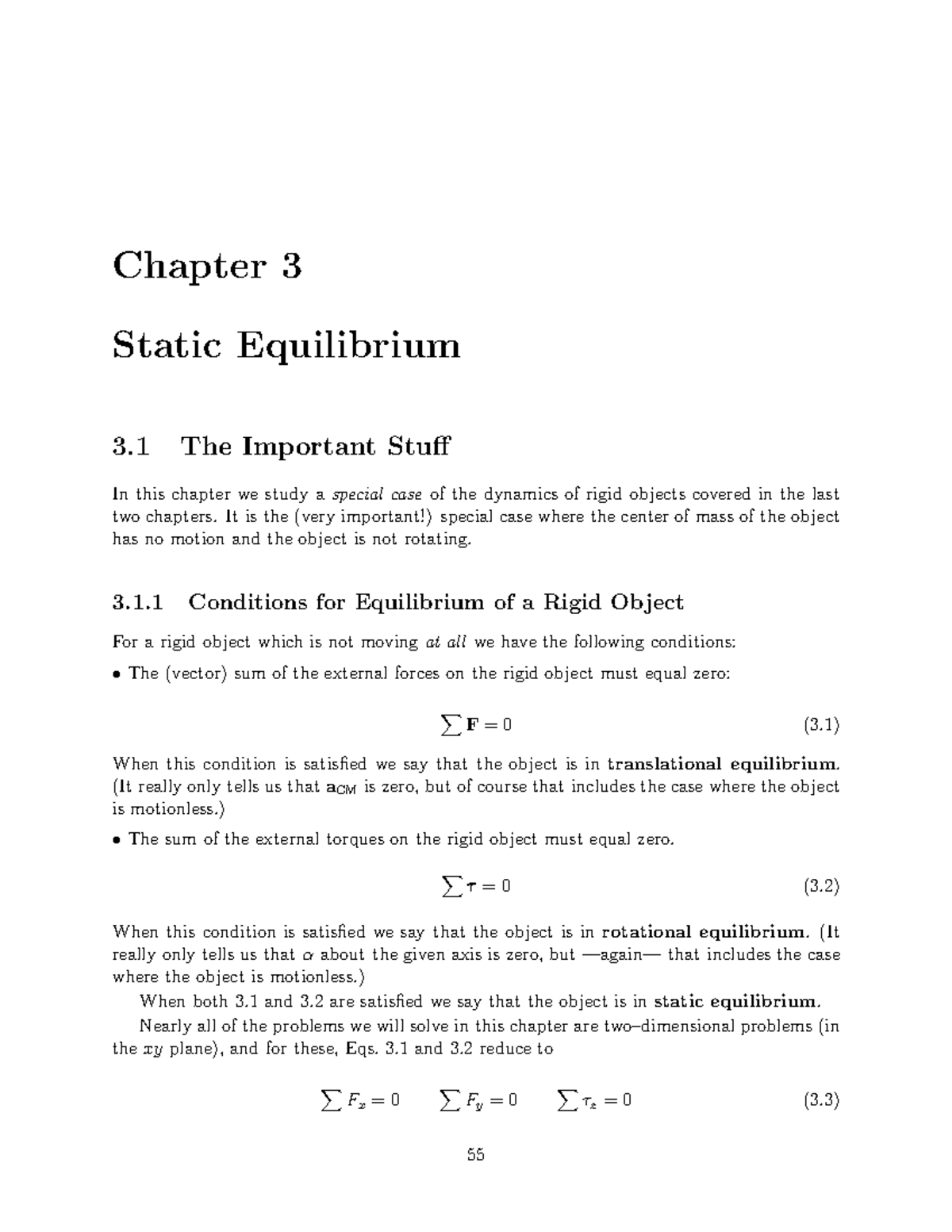 V2chap3 - Statics - Chapter 3 Static Equilibrium 3 The Important Stuff ...