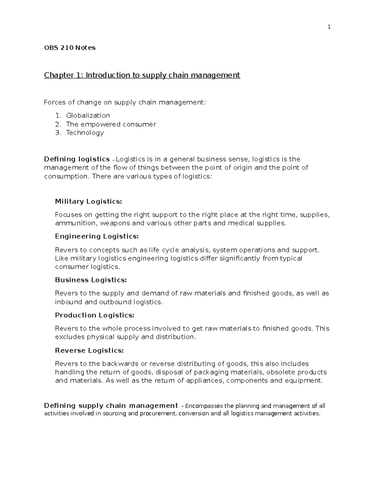 OBS 210 Notes - OBS 210 Notes Chapter 1: Introduction to supply chain ...