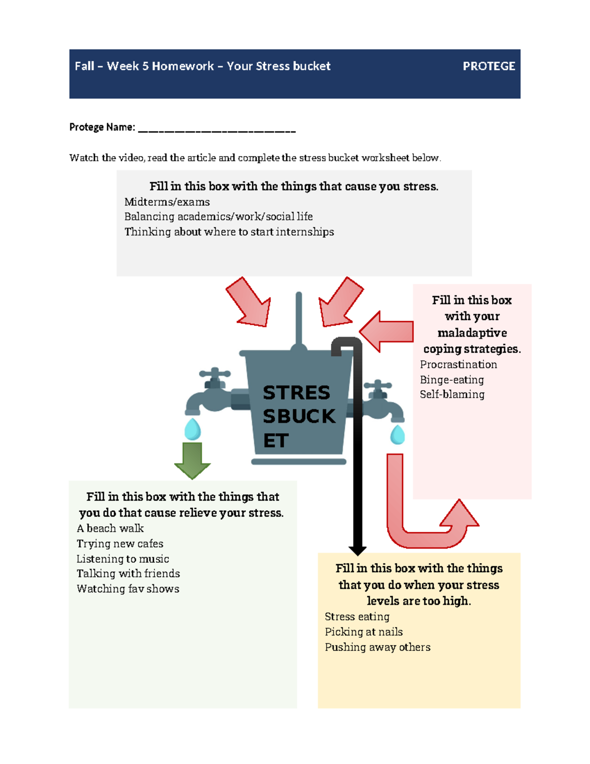 MCDB 92 Week 5 Assignment - Fall – Week 5 Homework – Your Stress bucket PROTEGE Protege Name ...
