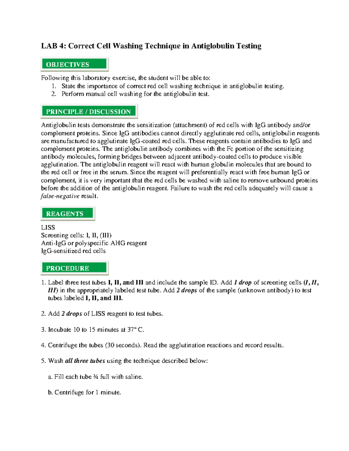 LAB 4 Correct Cell Washing Technique in Antiglobulin Testing - State ...