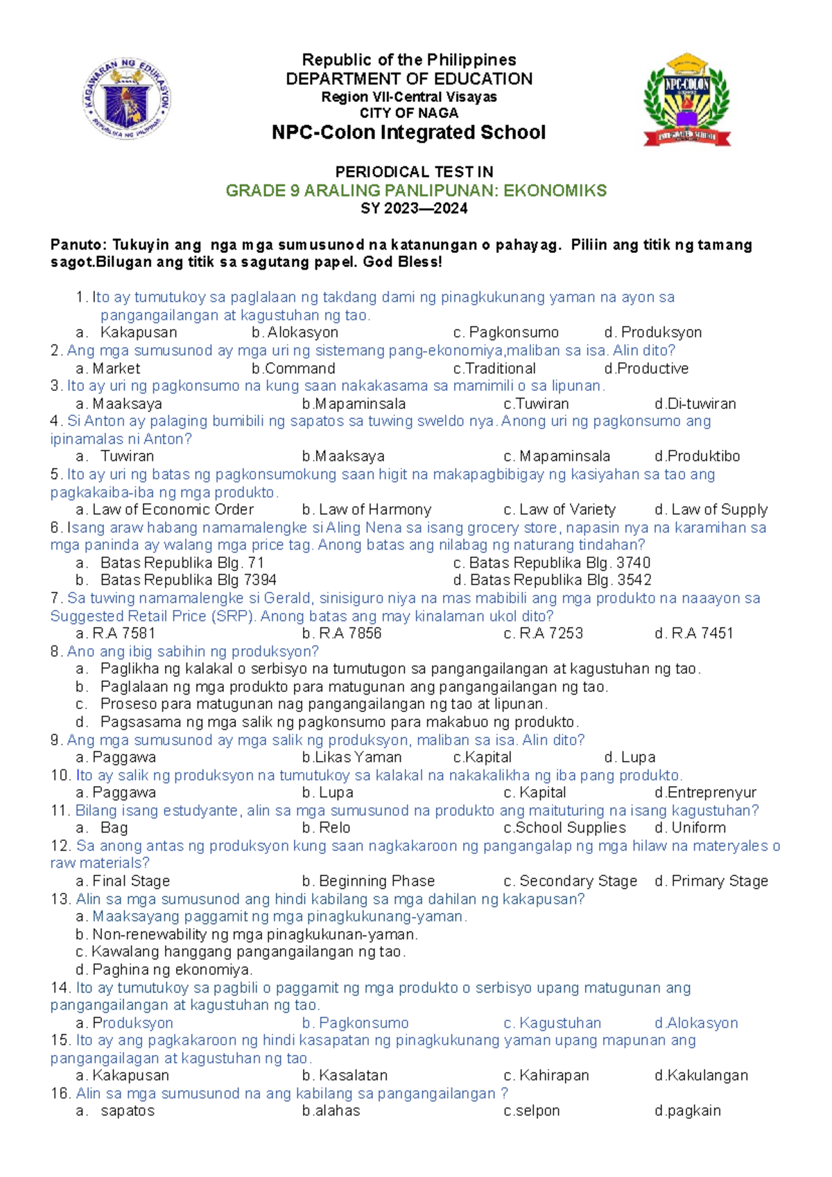 First Periodical - Simplified test questions. - Republic of the ...