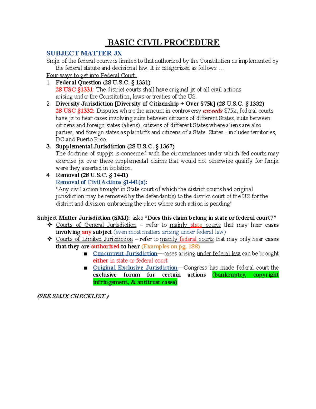 BCP Fall 2020 Outline - BASIC CIVIL PROCEDURE SUBJECT MATTER JX Smjx of ...
