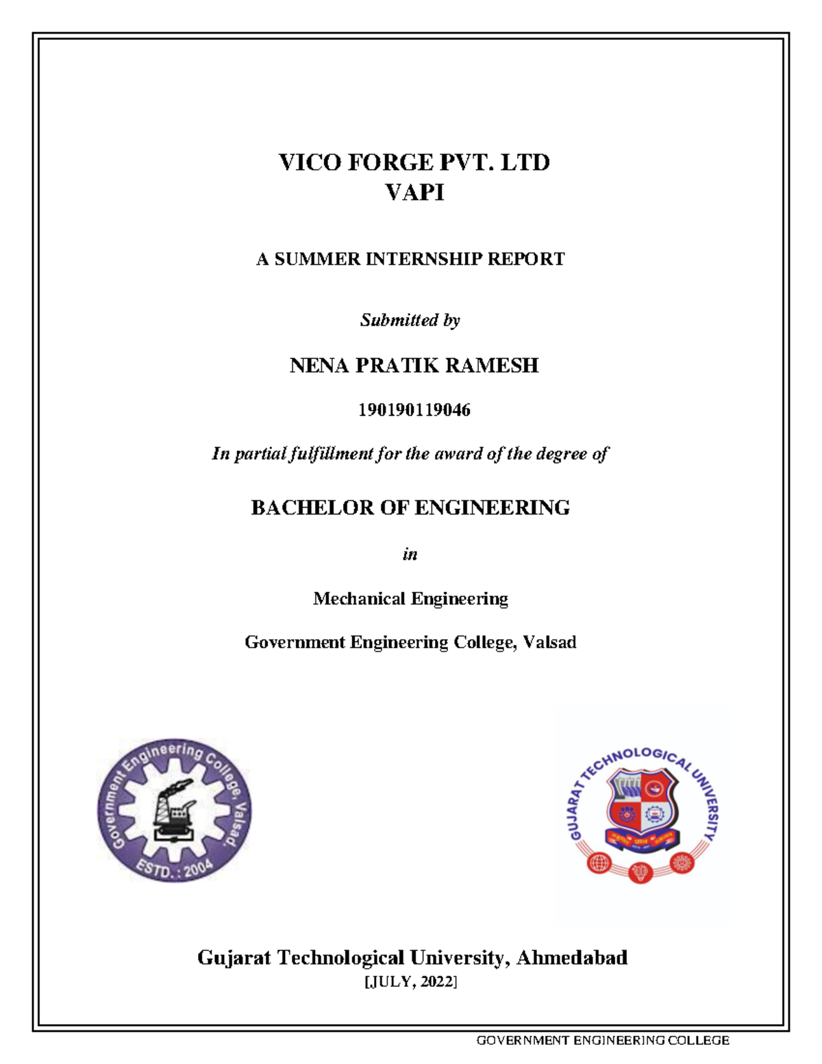 190190119046 Internship Report - GOVERNMENT ENGINEERING COLLEGE VICO ...