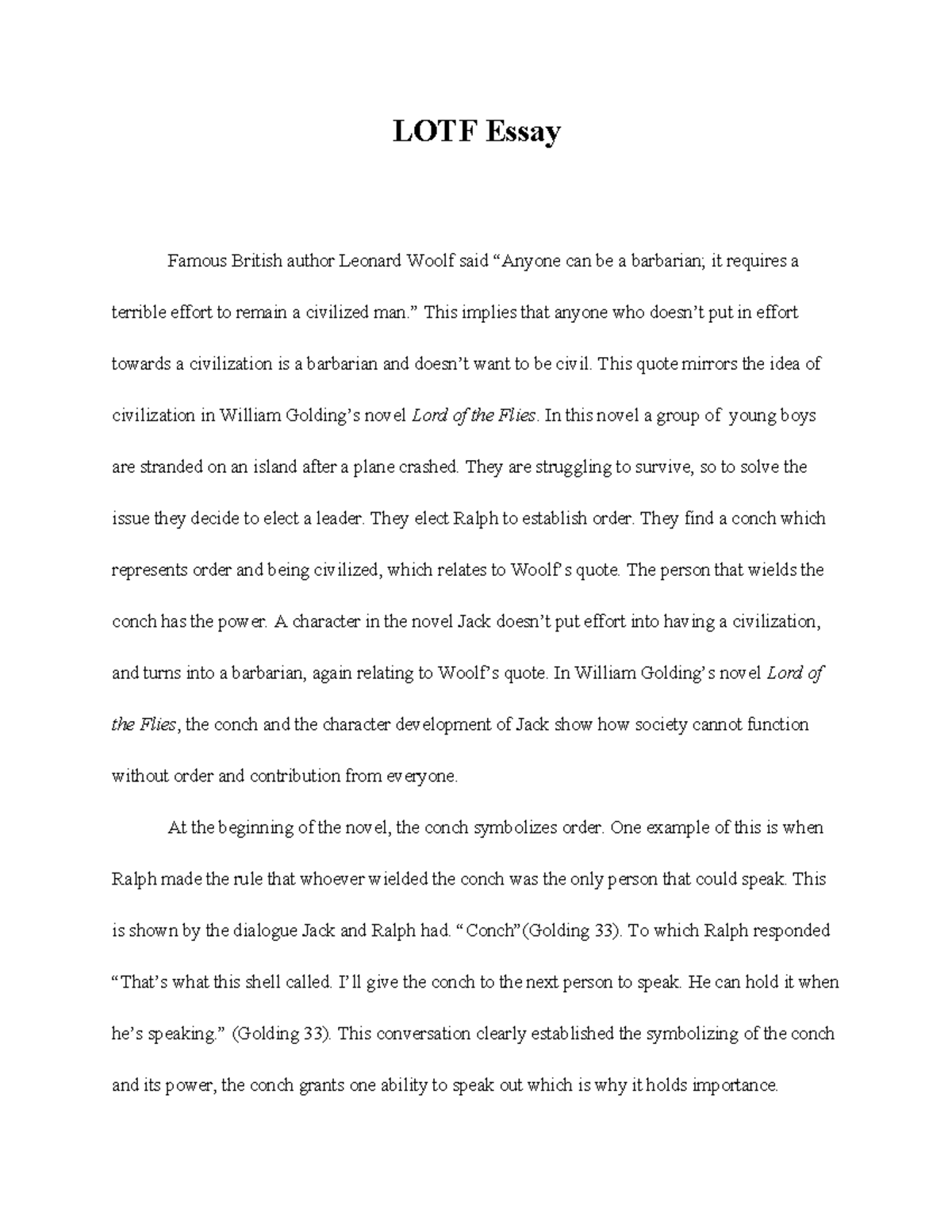 LOTF Symbolism Essay - LOTF Essay Famous British author Leonard Woolf ...