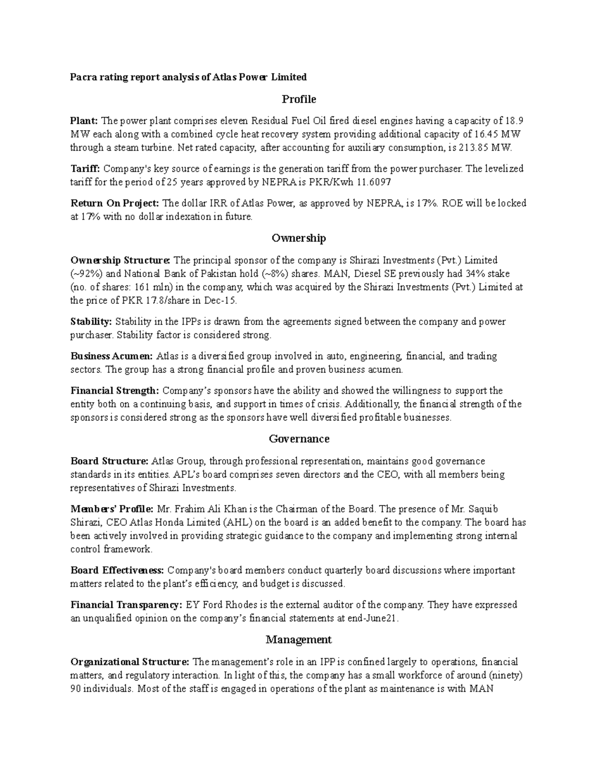 Pacra report analysis of Atlas Power Limited - Pacra rating report ...