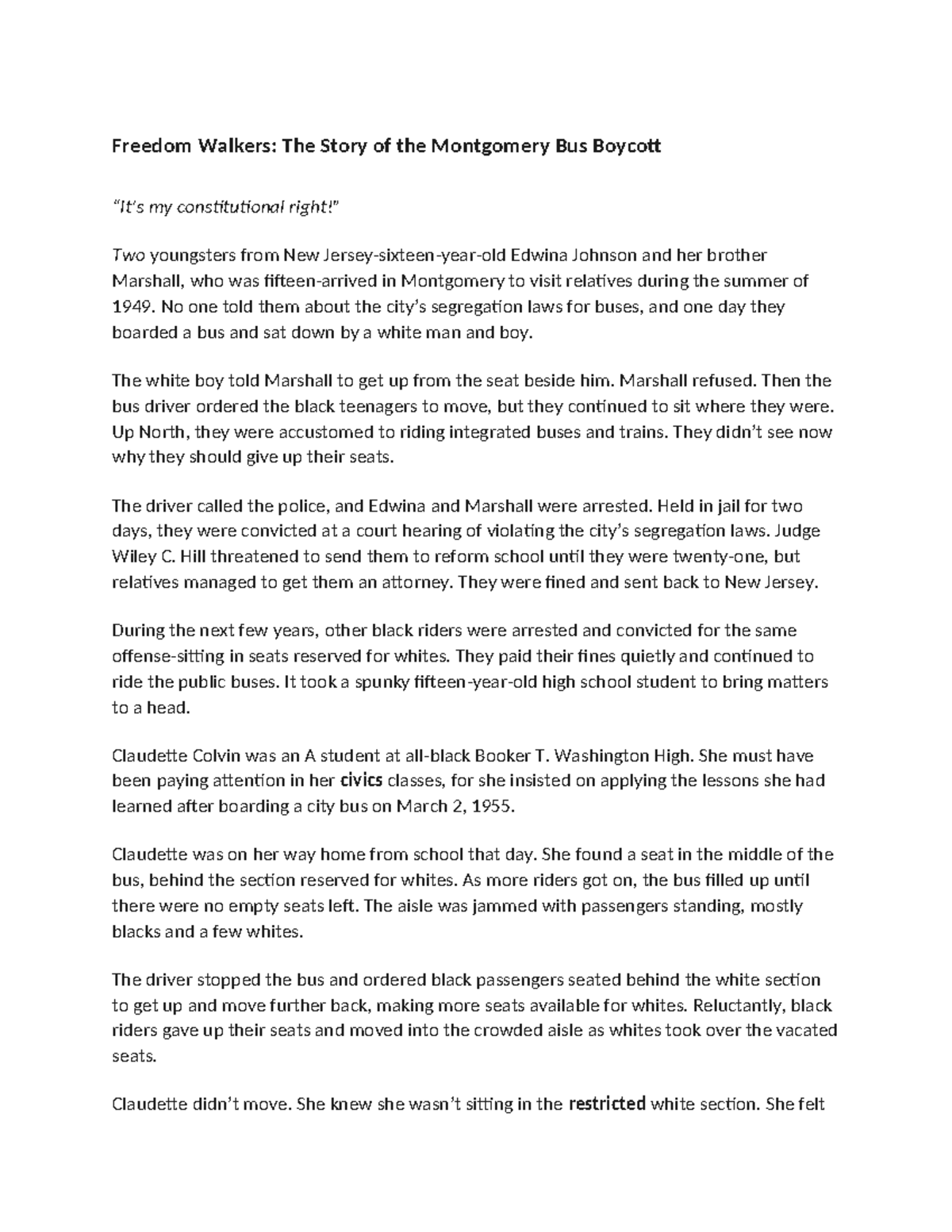 Freedom Walkers The Story of the Montgomery Bus Boycott - No one told ...