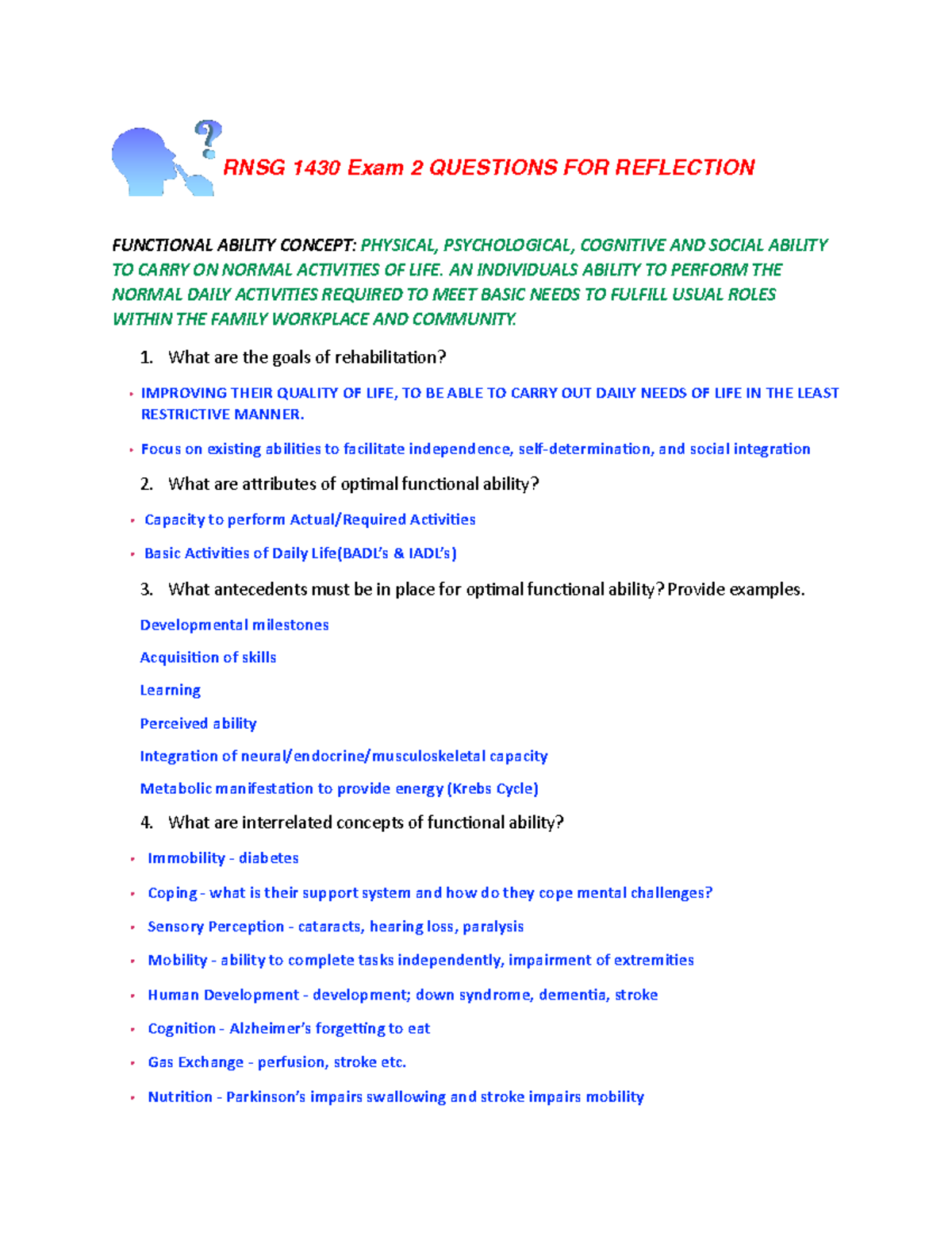 1430 Exam 2- Questions FOR Reflection (1) 2 - RNSG 1430 Exam 2 ...