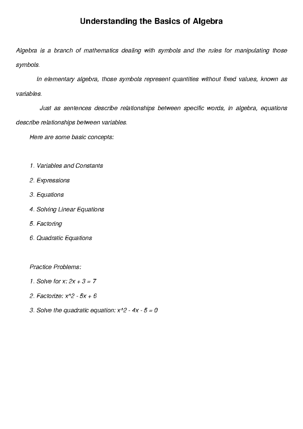 Practice Materials - ... - Understanding the Basics of Algebra Algebra ...