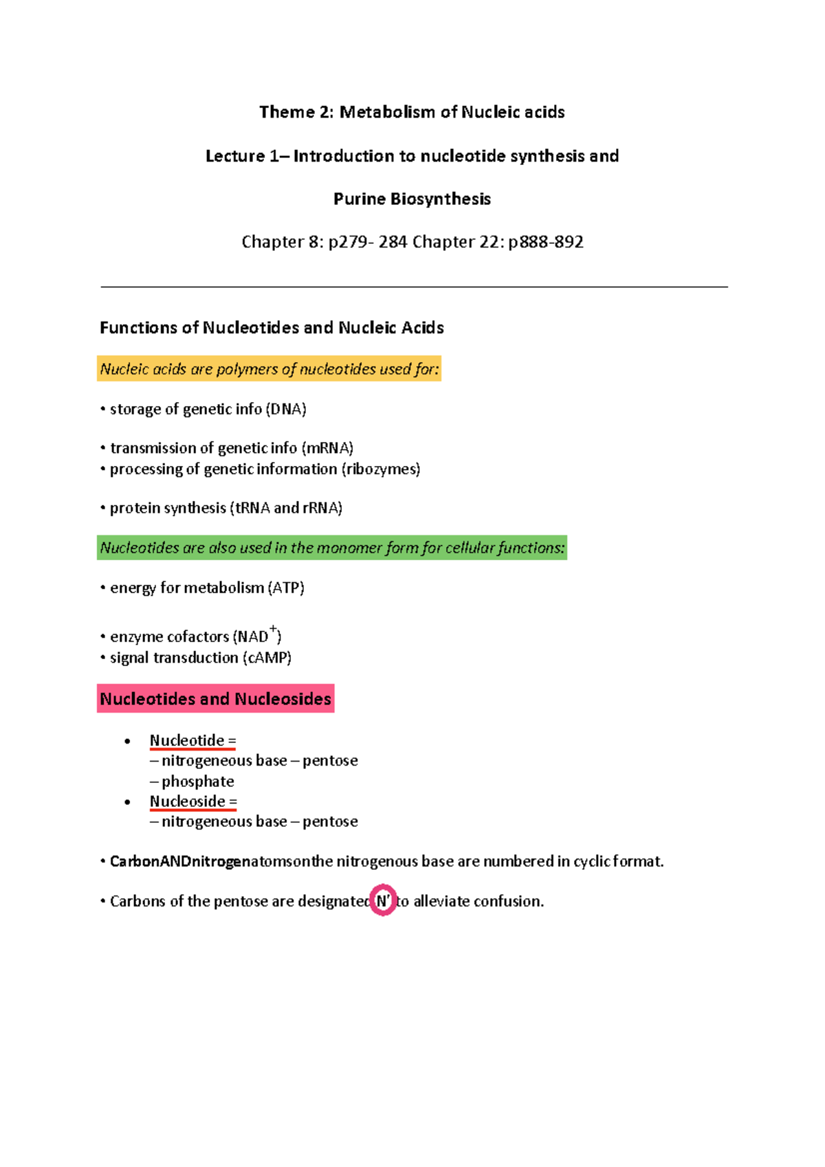 Theme 2- Lecture 1 - Warning: TT: undefined function: 32 Theme 2: Metabolism of Nucleic acids ...