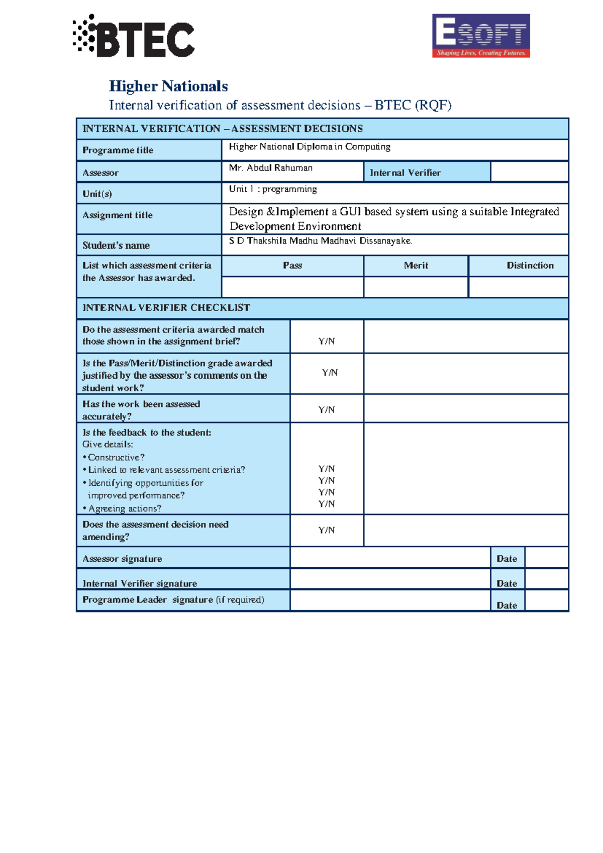 Programming Assignment - Higher Nationals Internal verification of assessment decisions – BTEC ...