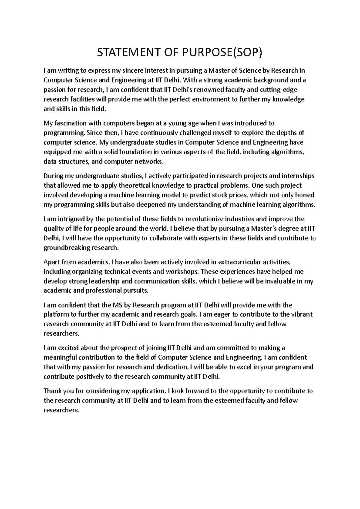 Statement OF Purpose - STATEMENT OF PURPOSE(SOP) I am writing to ...