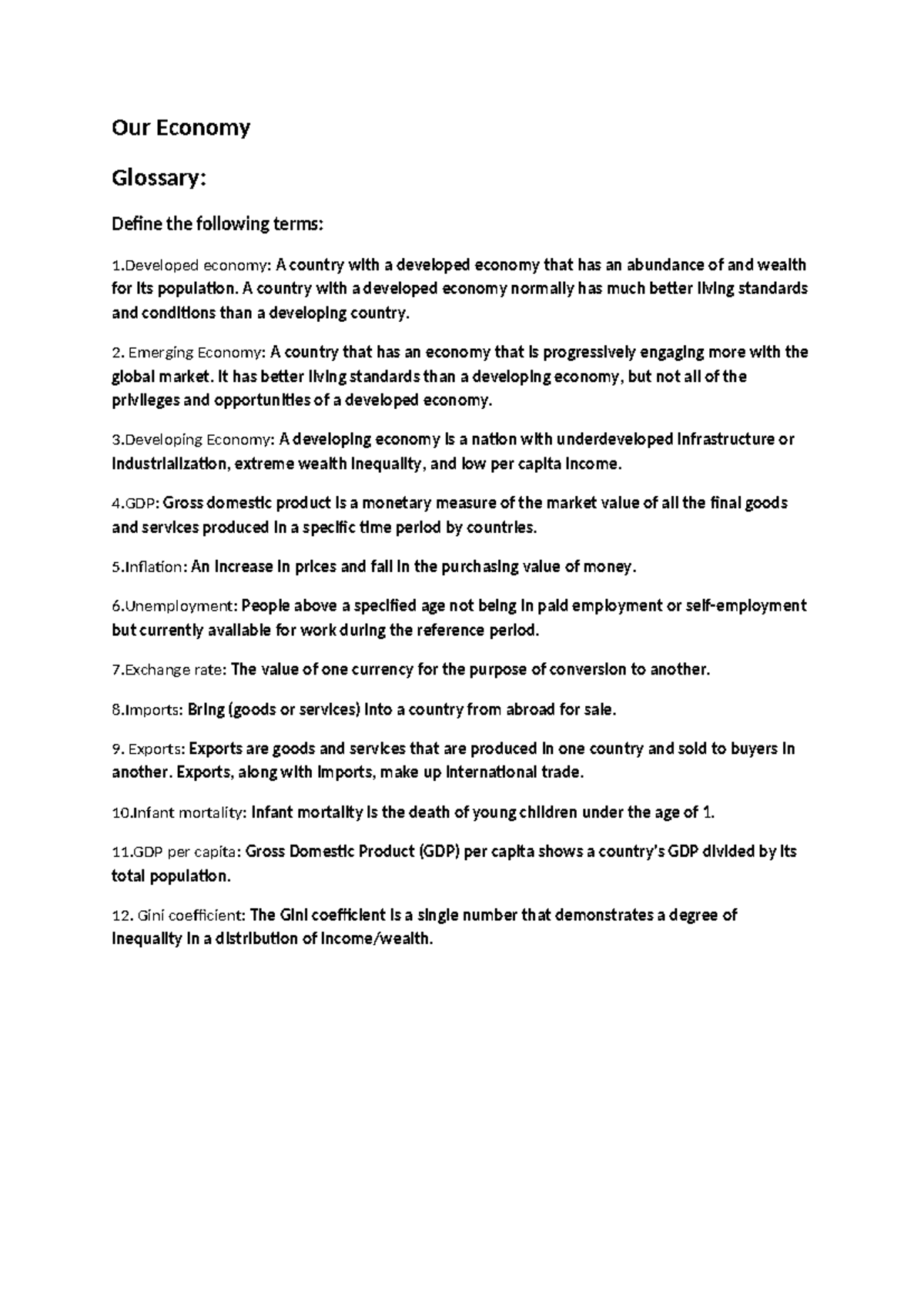 Australian economy - Worksheet - Our Economy Glossary: Define the ...