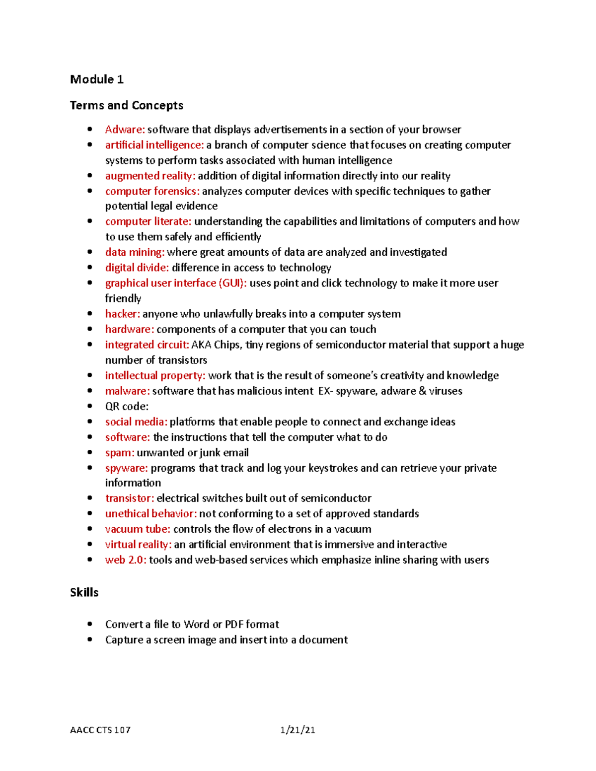 Module 1 Terms and Skills - Module 1 Terms and Concepts Adware: software that displays - Studocu