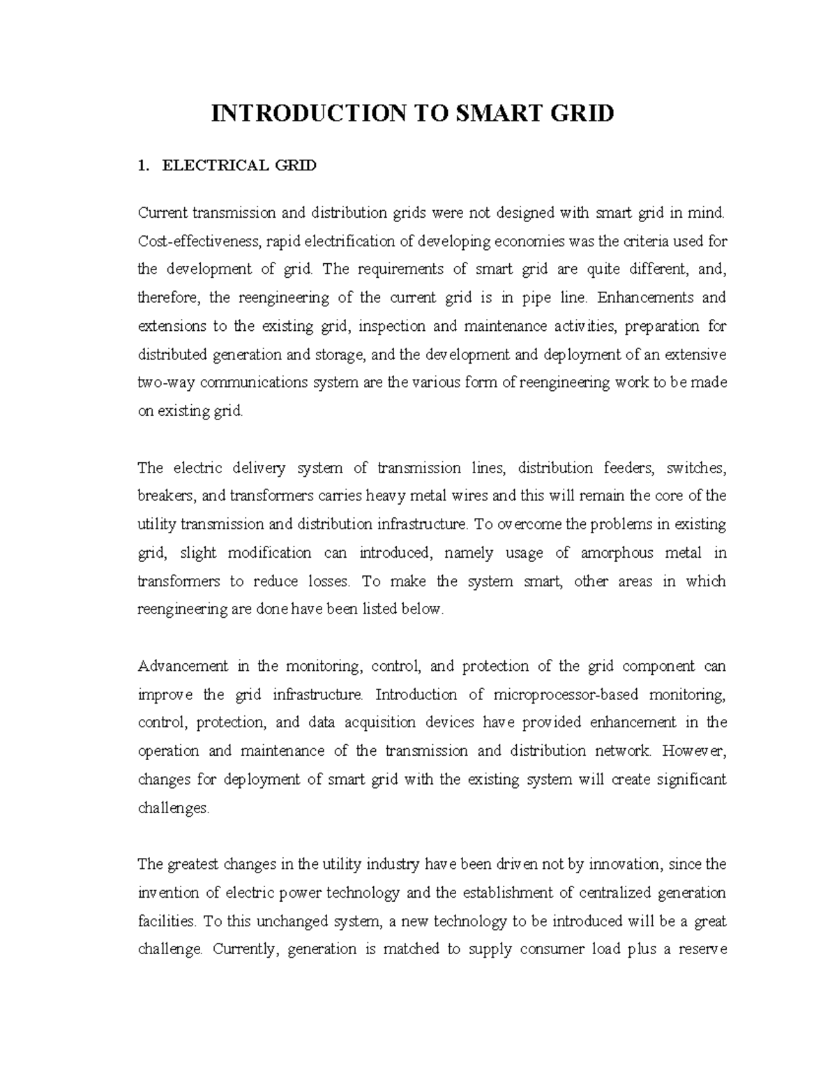 UNIT I Introduction TO Smart GRID NEW - INTRODUCTION TO SMART GRID 1. ELECTRICAL GRID Current ...