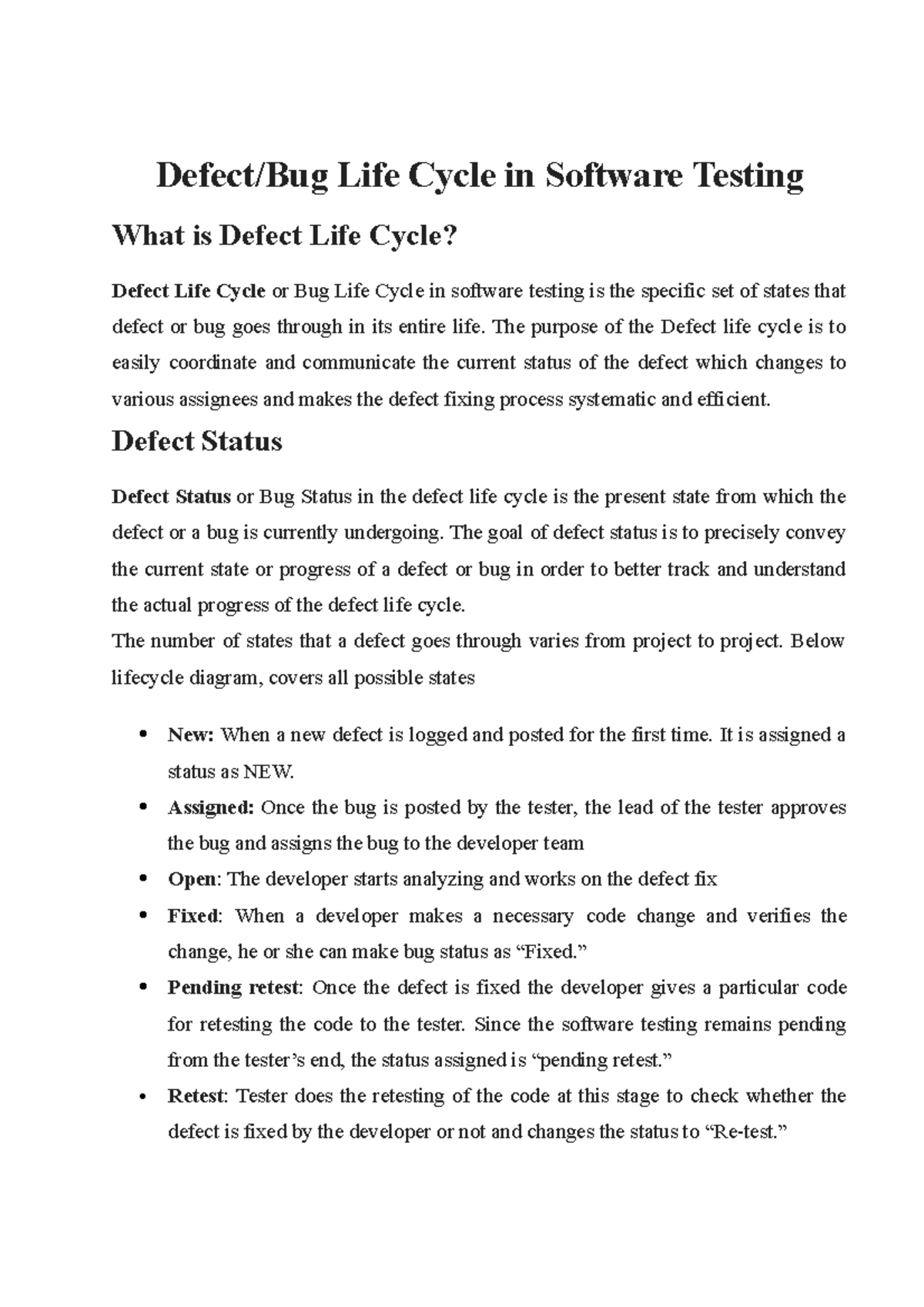 Defect Life Cycle Defect Bug Life Cycle In Software Testing What Is Defect Life Cycle Defect