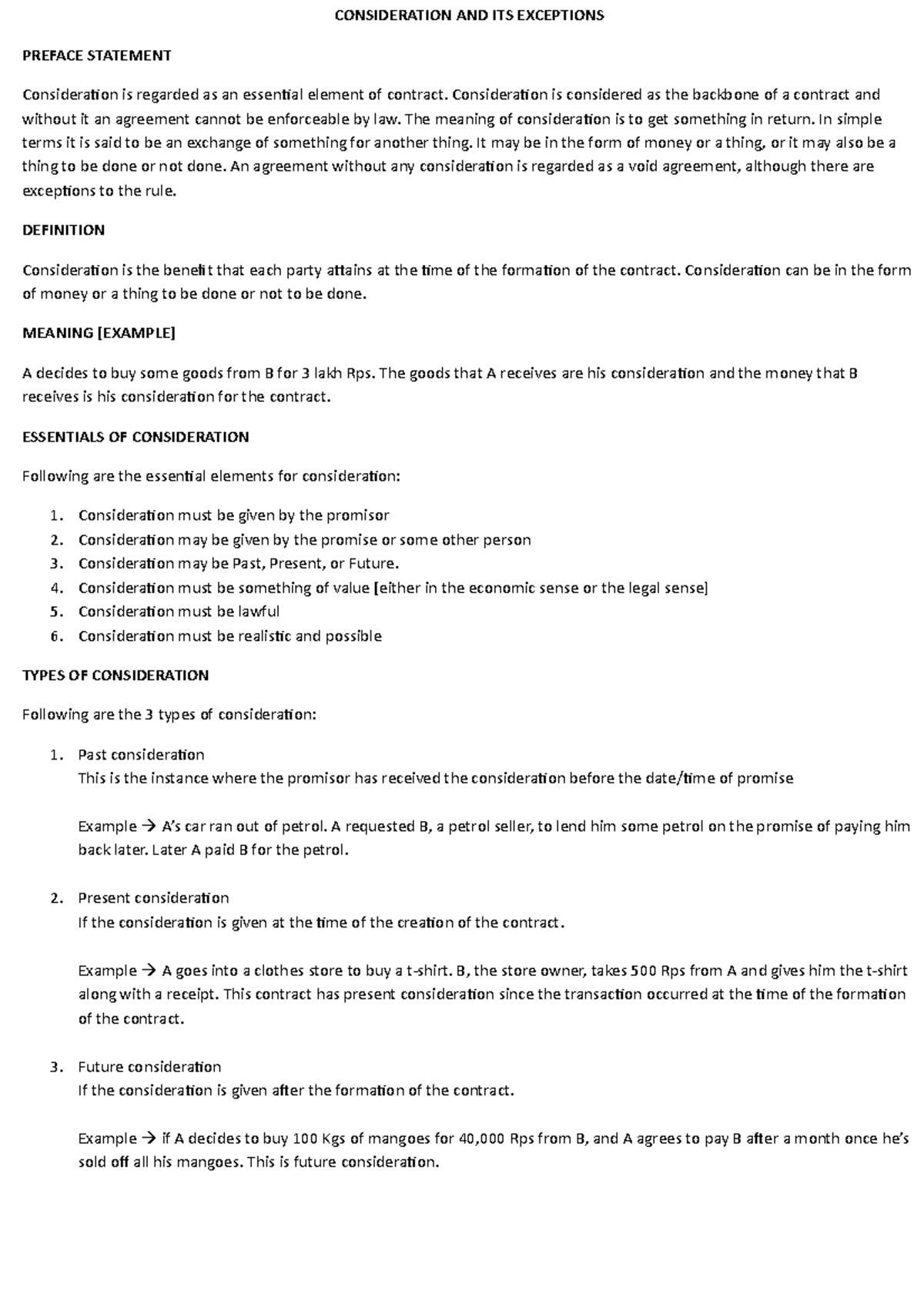 Consideration AND ITS Exceptions - CONSIDERATION AND ITS EXCEPTIONS ...