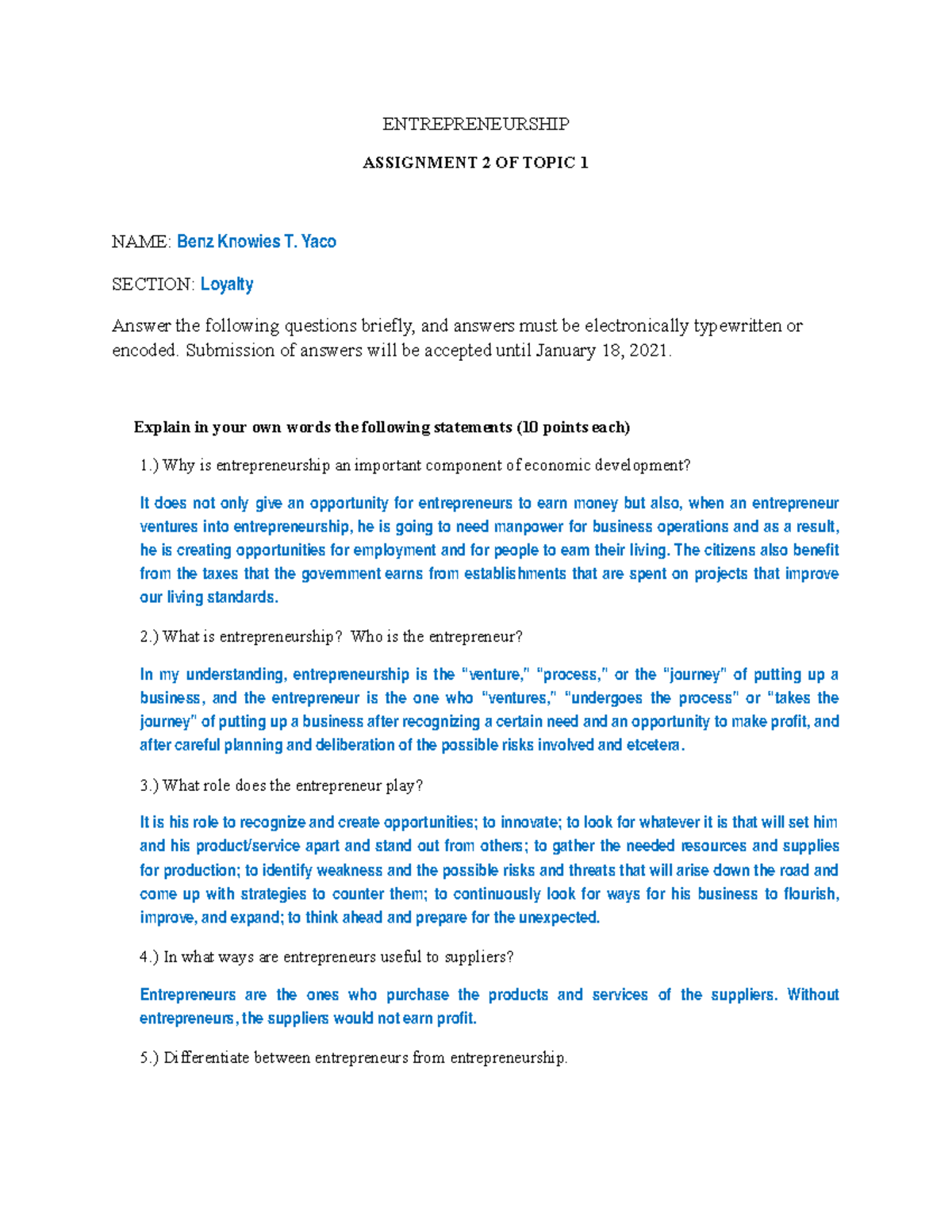 Assignment 2 OF Topic 1 - entrep - ENTREPRENEURSHIP ASSIGNMENT 2 OF ...