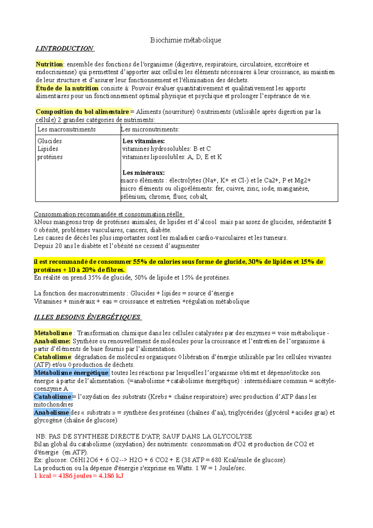 Bioch meta - prépa exam - Biochimie métabolique I Nutrition: ensemble ...