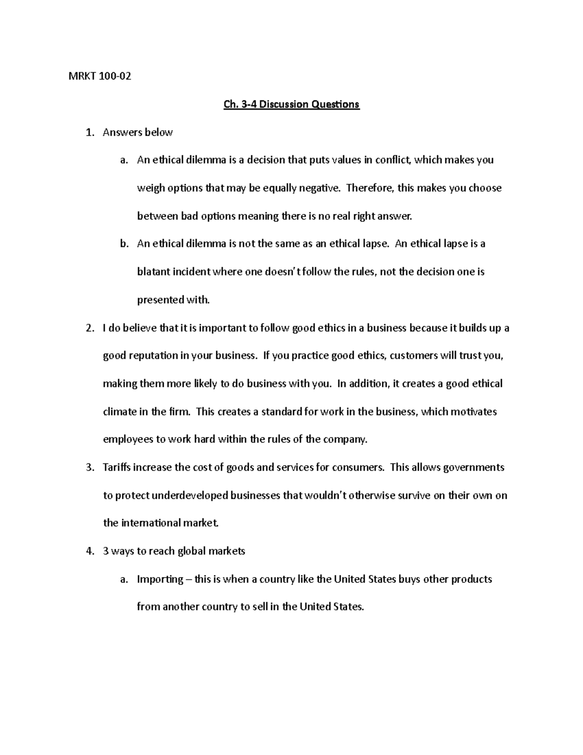 Ch. 3-4 Discussion Questions - MRKT 100- Ch. 3-4 Discussion Questions ...