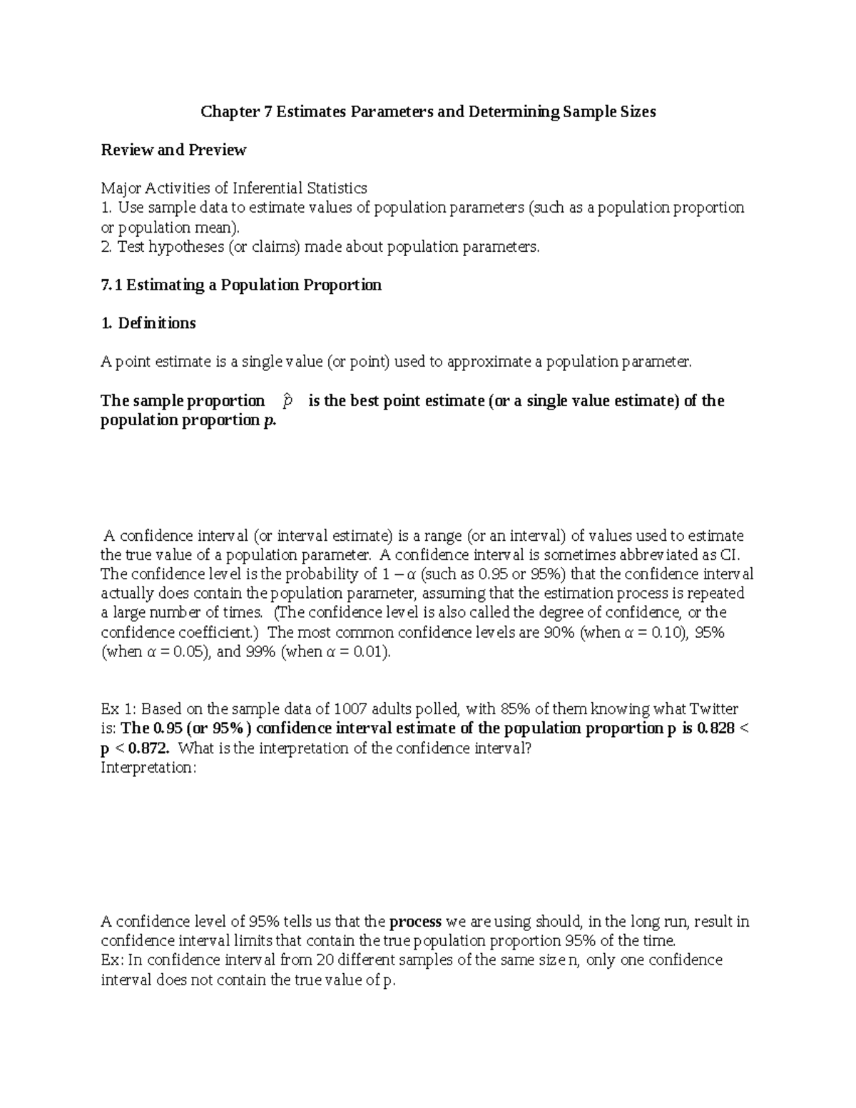 Chapters 7-9 Notes - Chapter 7 Estimates Parameters and Determining ...